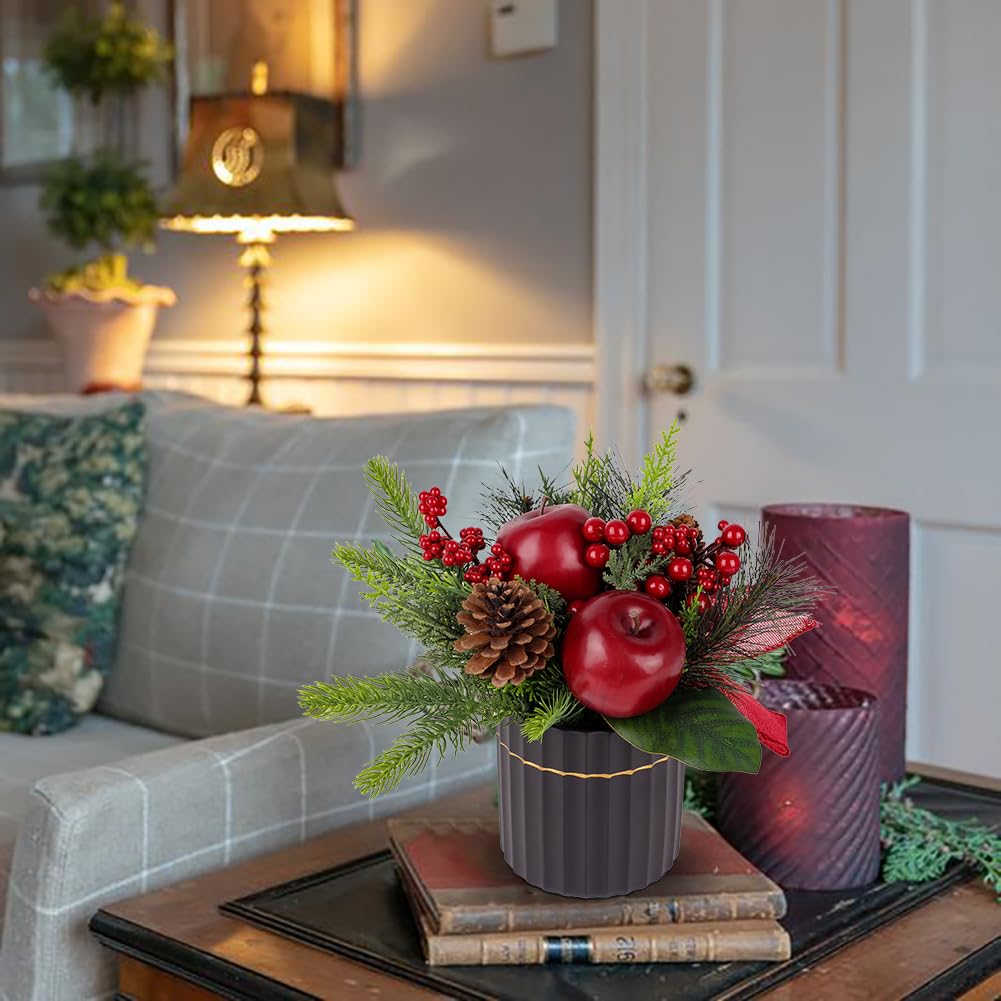 Mini Christmas Tree, Artificial Potted Christmas Tree with Apples Pine Cones Berries Ribbon Tabletop Small Christmas Floral Arrangements in Pot Xmas Centerpieces for Tables Desk Mantle Decor-10.2''
