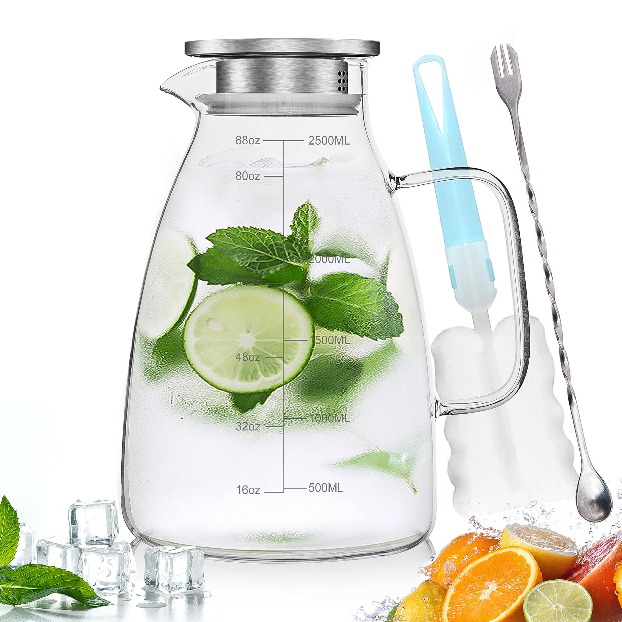 Transparent Glass Pitcher, 88oz/2.5L - Large Drinking Pitcher with Lid, Precise Scale Line, Mixing Spoon and Brush