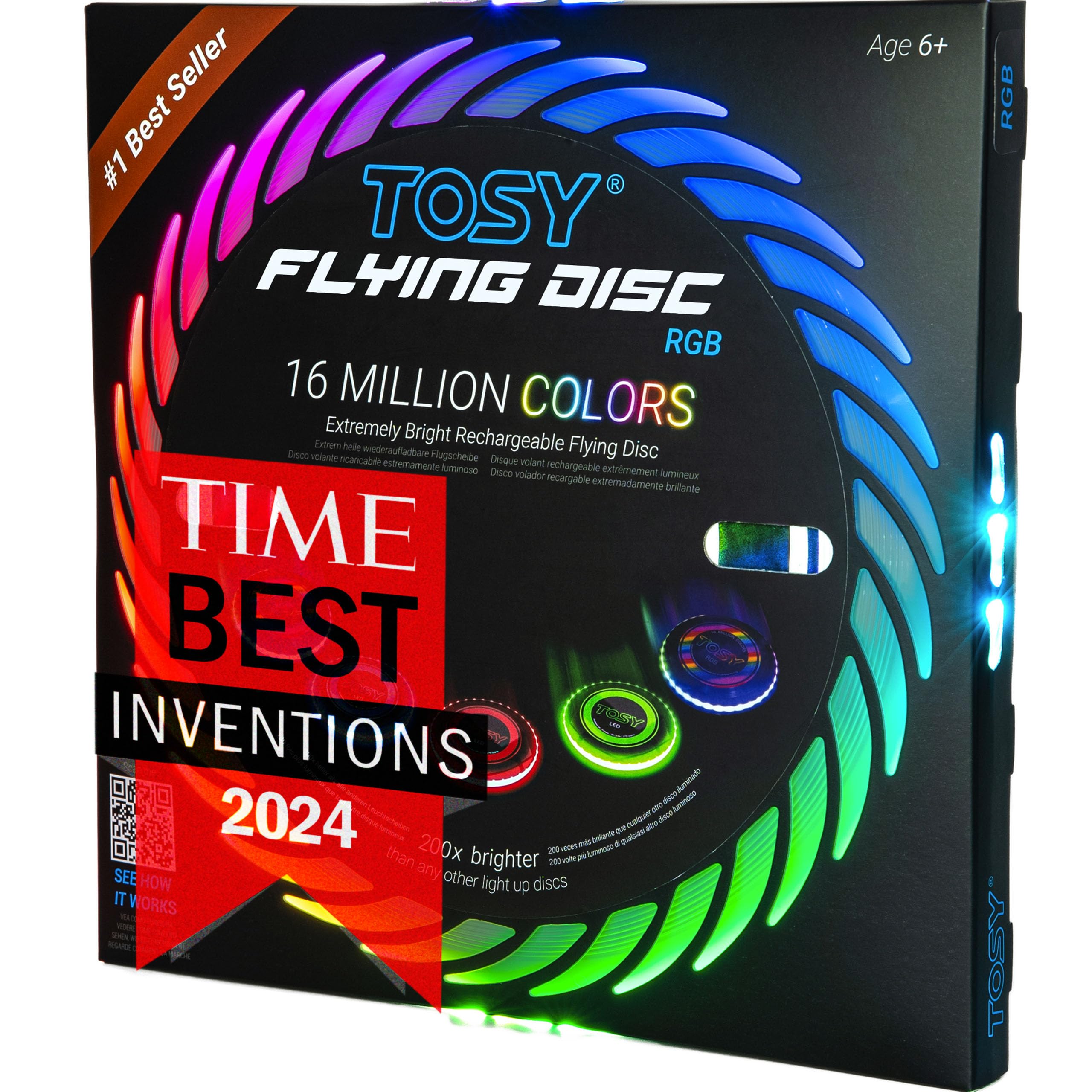 TOSY Flying Disc - 16 Million Color RGB or 36 LEDs, Extremely Bright, Smart Modes, Auto Light Up, Rechargeable, Cool Valentine, Easter, Birthday & Camping Gift for Men/Boys/Teens/Kids, 175g Frisbee