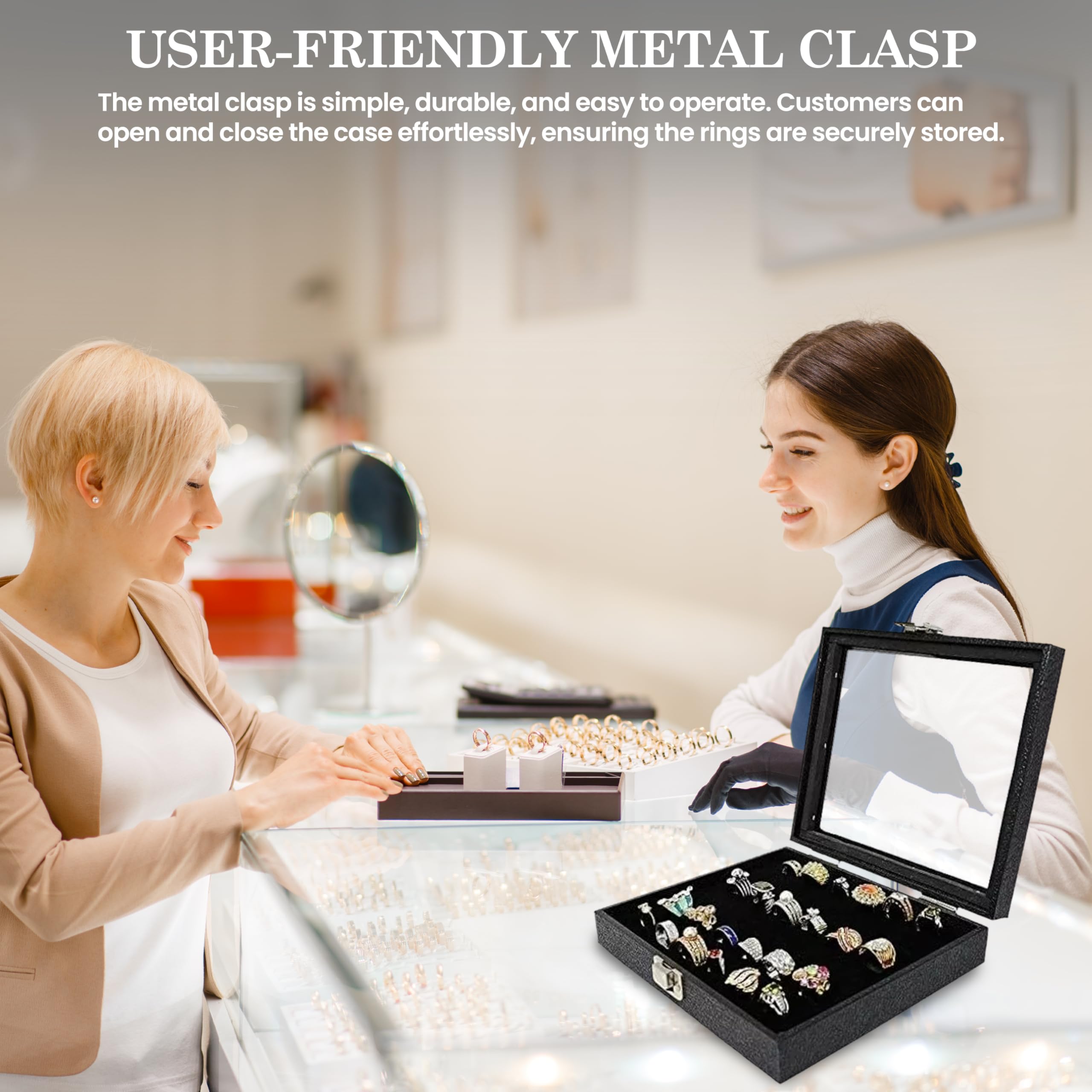 Novel Box Ring Display Glass Case Black 8.25x7.25x2 Inches with 36-Slot Black Ring Foam Insert - Travel Ring Case with Metal Clasp - Jewelry Box to Keep Rings Dust Free & Secure