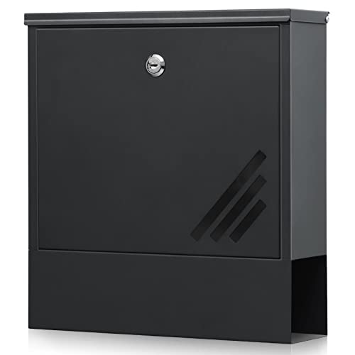 xydled Wall Mounted Mailbox with Lock,Secure Locking Mailbox for Outside, Large Steel Hanging Mailbox Modern Lockable Wall Mailbox for Residential with View Window, 12.8 x 12 x 3.54Inches,Black