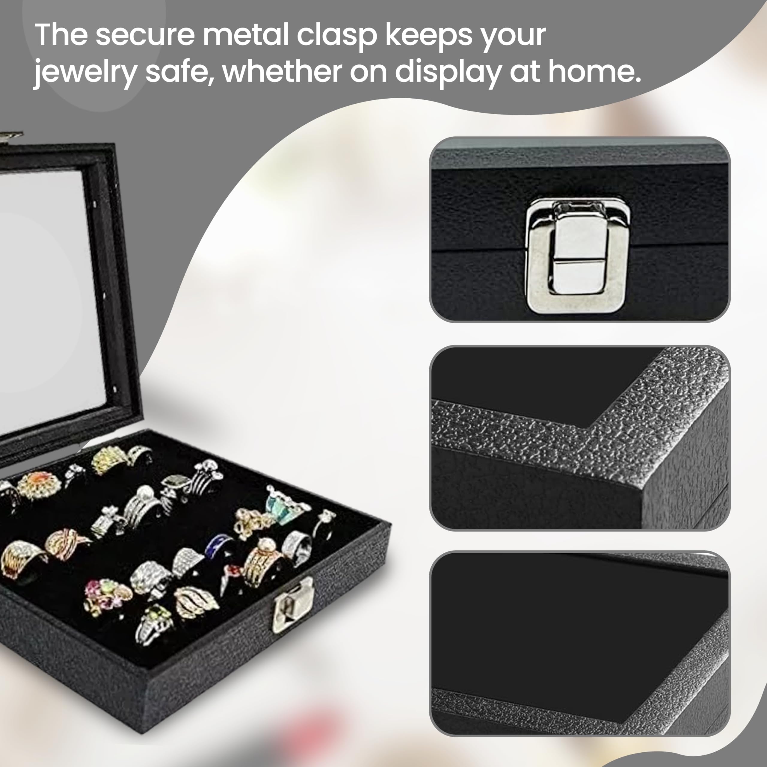 Novel Box Ring Display Glass Case Black 8.25x7.25x2 Inches with 36-Slot Black Ring Foam Insert - Travel Ring Case with Metal Clasp - Jewelry Box to Keep Rings Dust Free & Secure