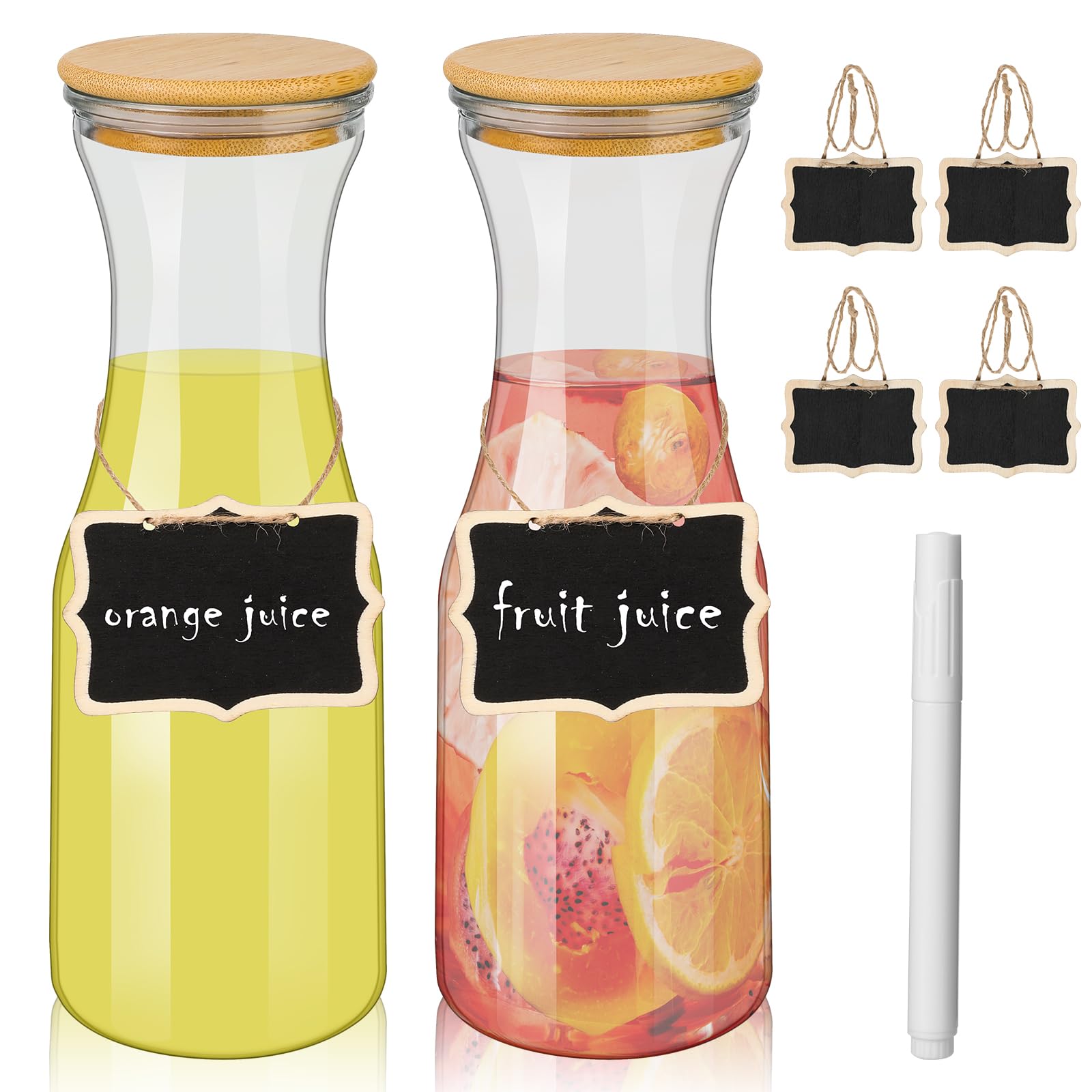 Glass Carafe Pitchers,34 Oz Beverage Serveware Carafe with Bamboo Lids and Tags Clear Glass Pitcher for Mimosa Bar, Brunch, Cold Water, Juice, Milk, Iced Tea, Lemonade,Set of 2