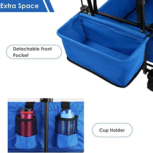 Collapsible Utility Wagon, Heavy Duty Folding Portable Push and Pull Hand Cart with Removable Canopy, for Shopping, Picnic, Beach, Camping, Red (Blue