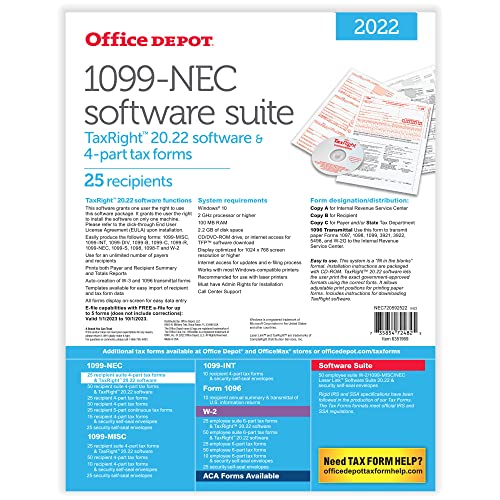 Office DepotĀ® Brand 1099-NEC Laser Tax Forms with Software, 4-Part, 3-Up, 8-1/2" x 11", Pack of 25 Form Sets