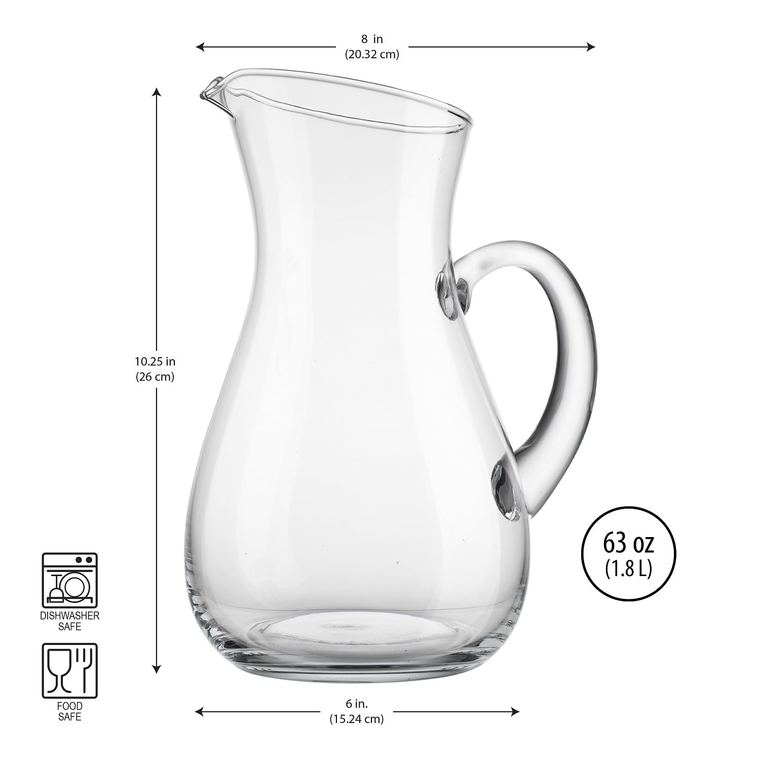 Glass Water Pitcher with Spout β 63 Oz. Elegant Serving Carafe for Water, For Cocktails, Juice, Water β Clear Glass Beverage Pitcher.