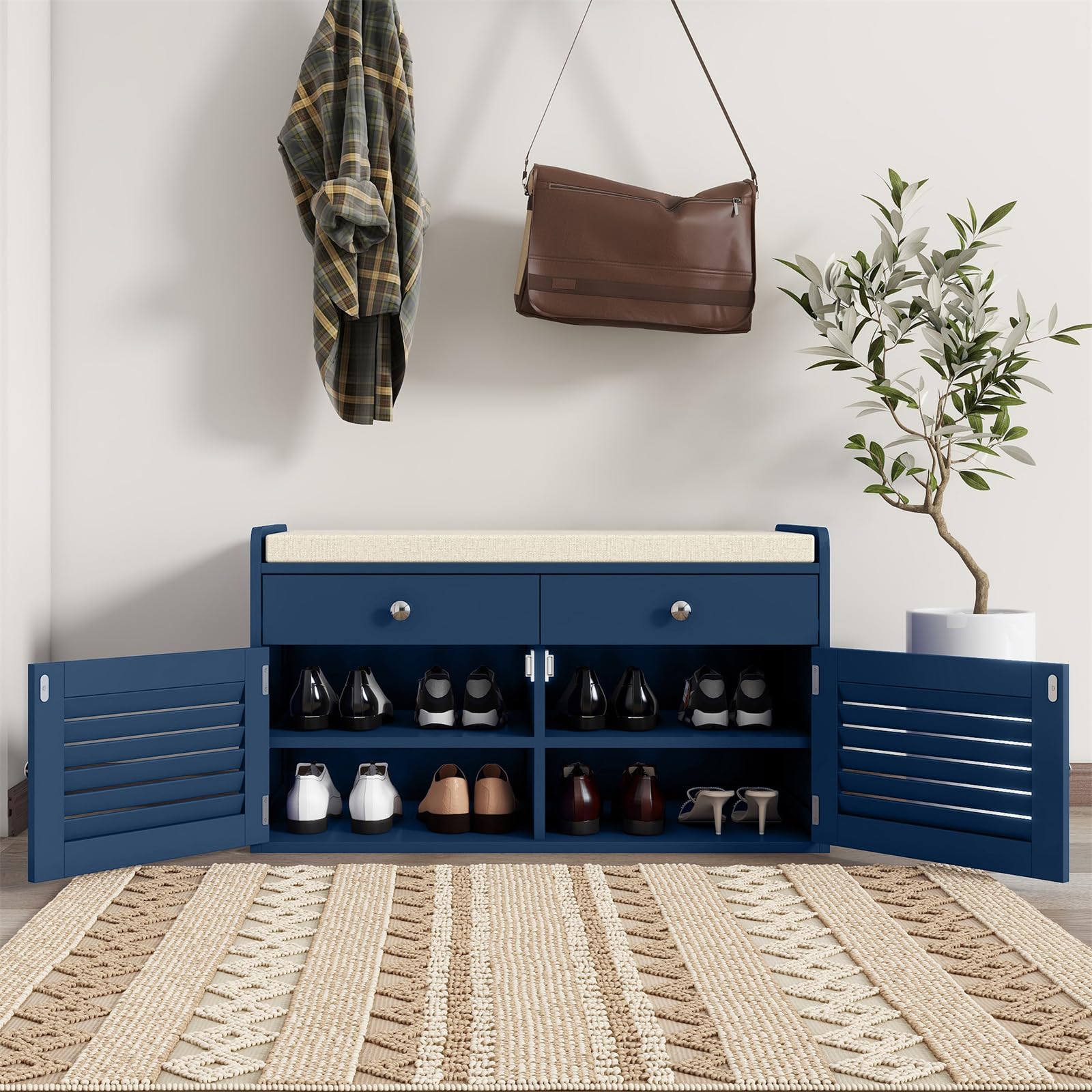 WARMHONIU Shoe Storage Bench with 2 Drawers & 2 Doors, Entryway Bench with Cushion, 2 Adjustable Shelves, Shoe Cabinet with Storage Space for Entryway, Living Room, Hallway, Mudroom, Bedroom, Blue