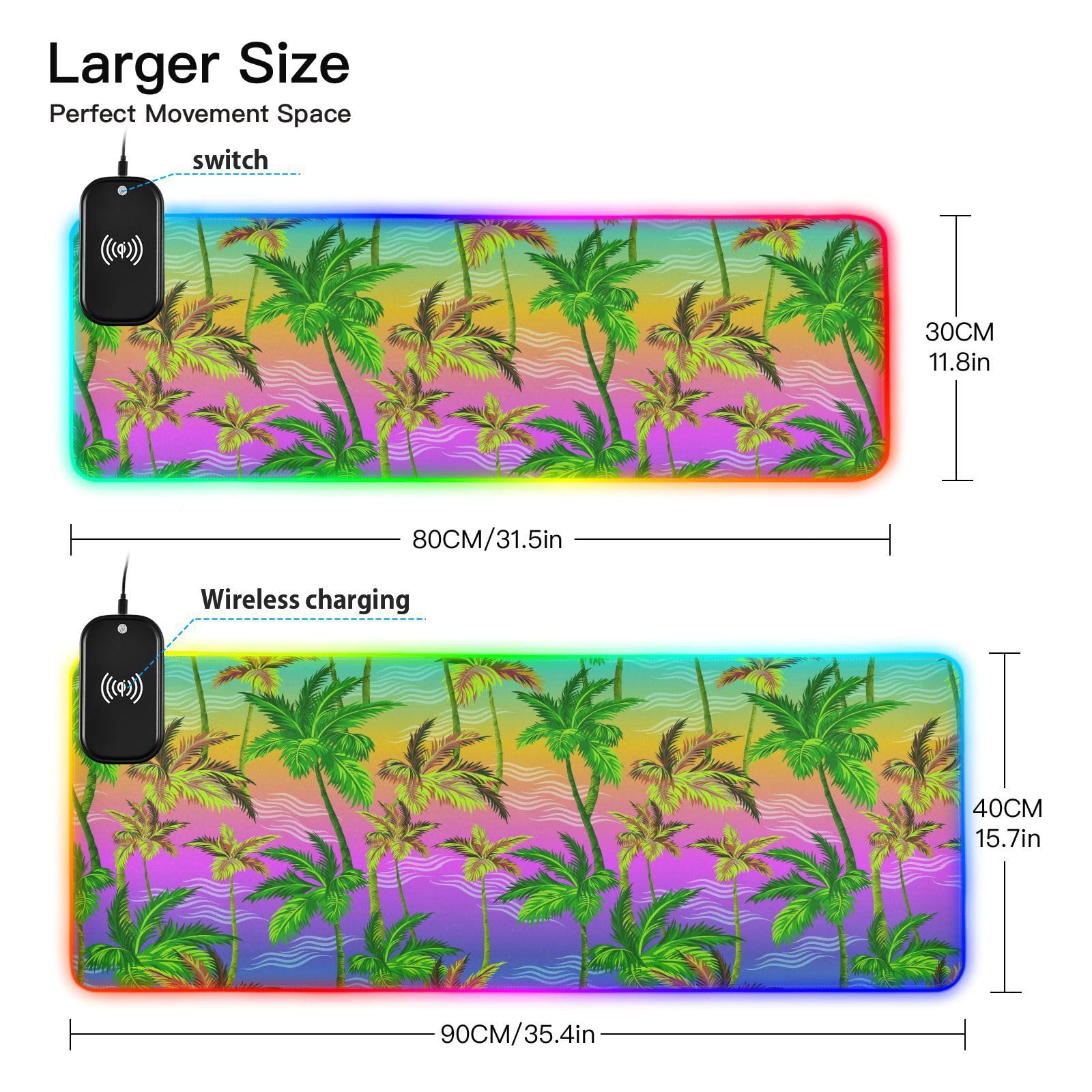 Palm Tree Wireless Charging Mouse Pad for Mobile Phone Extra Large Gaming Mousepad with 13 Lighting Modes Mouse Mat for MacBook PC Laptop Desk Office Home Gaming
