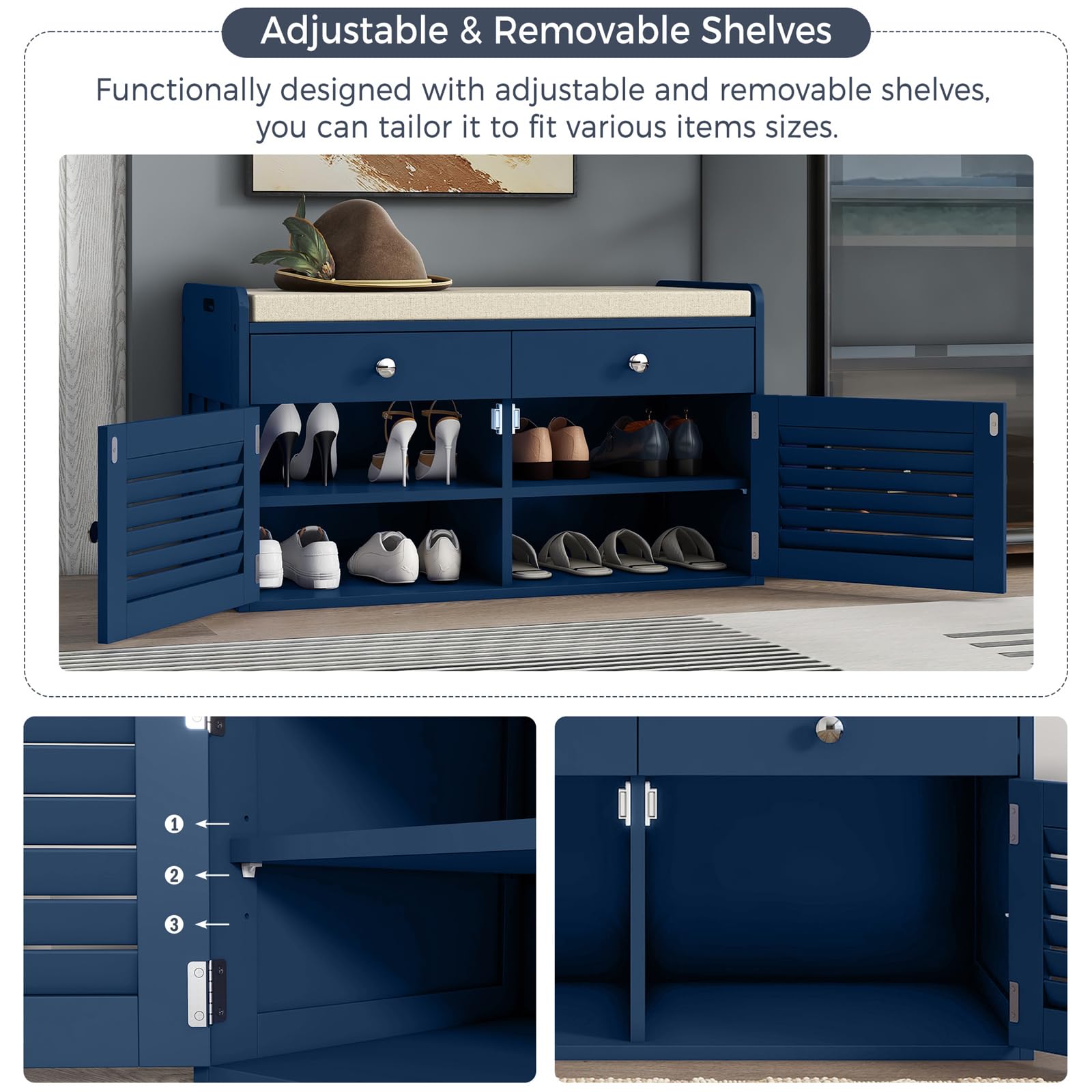 WARMHONIU Shoe Storage Bench with 2 Drawers & 2 Doors, Entryway Bench with Cushion, 2 Adjustable Shelves, Shoe Cabinet with Storage Space for Entryway, Living Room, Hallway, Mudroom, Bedroom, Blue
