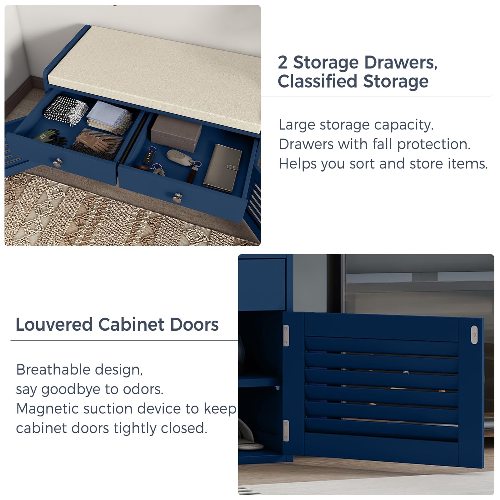 WARMHONIU Shoe Storage Bench with 2 Drawers & 2 Doors, Entryway Bench with Cushion, 2 Adjustable Shelves, Shoe Cabinet with Storage Space for Entryway, Living Room, Hallway, Mudroom, Bedroom, Blue