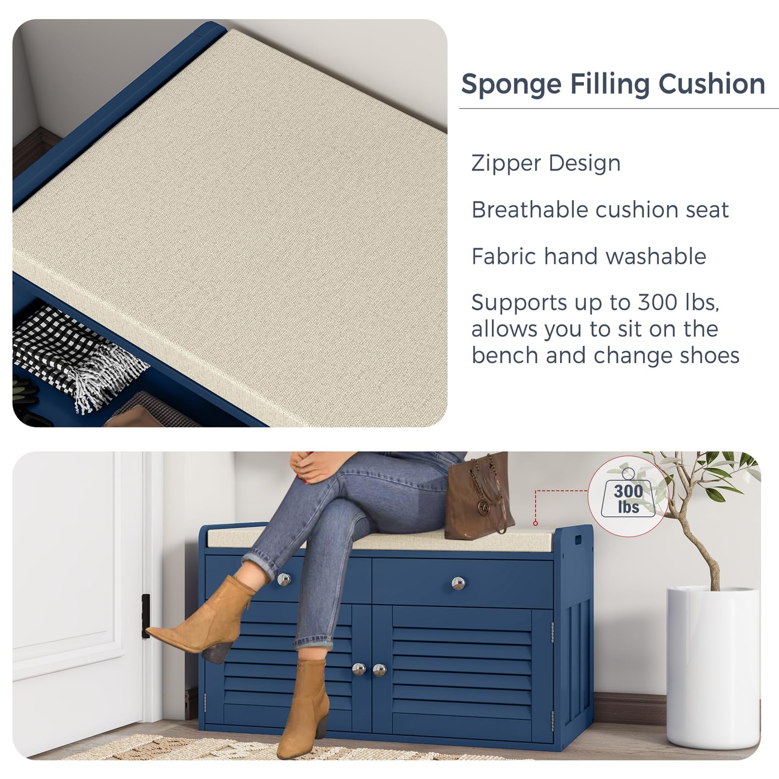 WARMHONIU Shoe Storage Bench with 2 Drawers & 2 Doors, Entryway Bench with Cushion, 2 Adjustable Shelves, Shoe Cabinet with Storage Space for Entryway, Living Room, Hallway, Mudroom, Bedroom, Blue