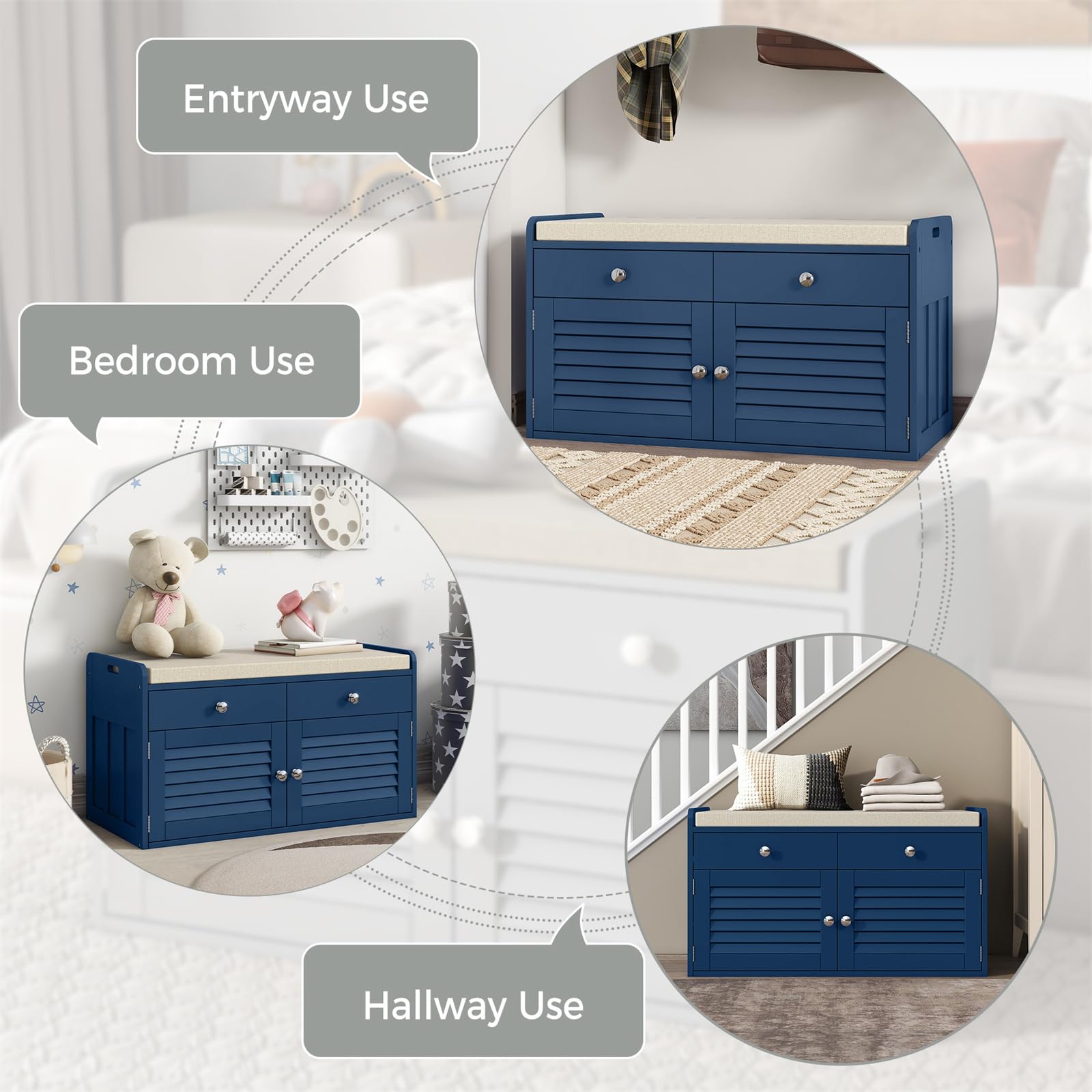 WARMHONIU Shoe Storage Bench with 2 Drawers & 2 Doors, Entryway Bench with Cushion, 2 Adjustable Shelves, Shoe Cabinet with Storage Space for Entryway, Living Room, Hallway, Mudroom, Bedroom, Blue