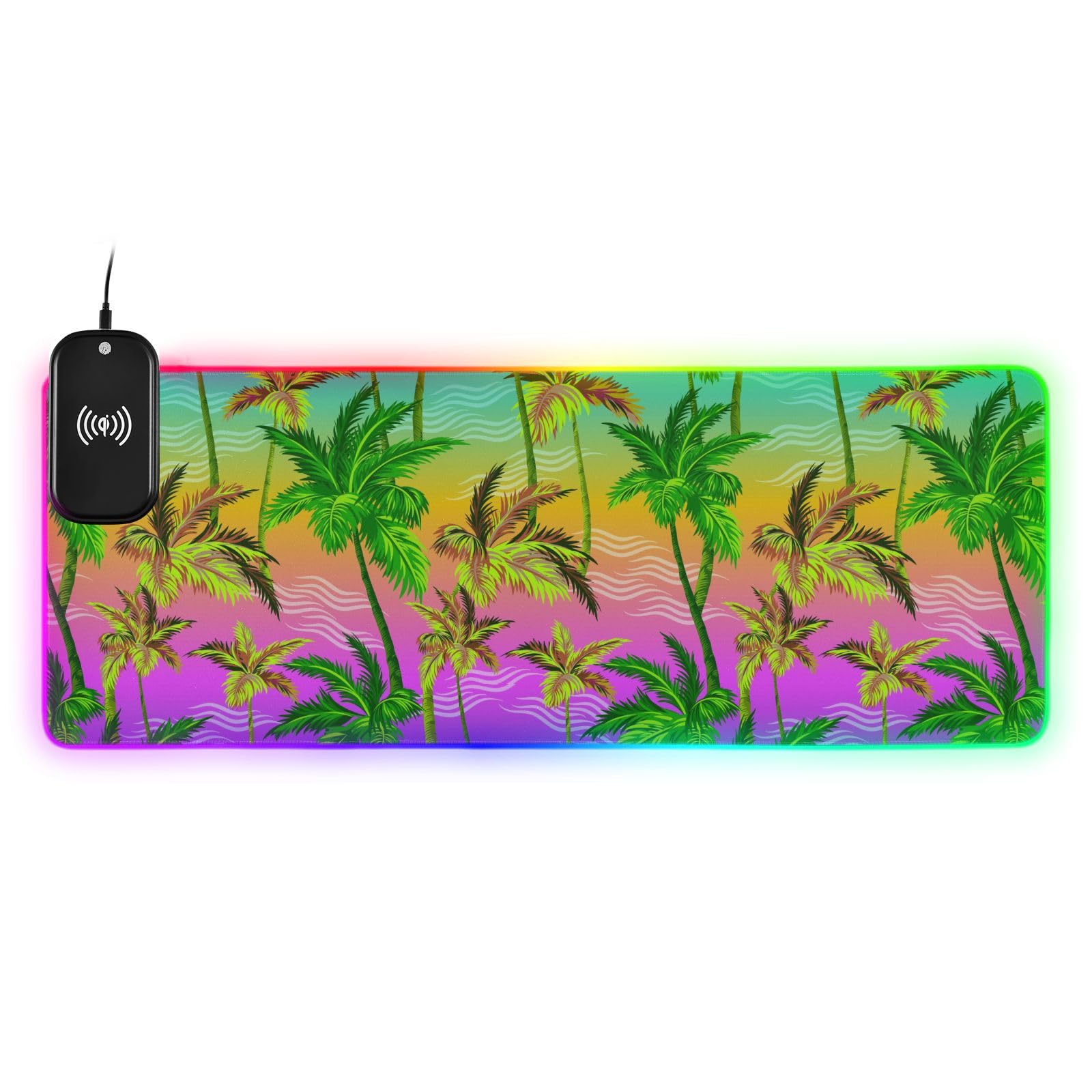Palm Tree Wireless Charging Mouse Pad for Mobile Phone Extra Large Gaming Mousepad with 13 Lighting Modes Mouse Mat for MacBook PC Laptop Desk Office Home Gaming