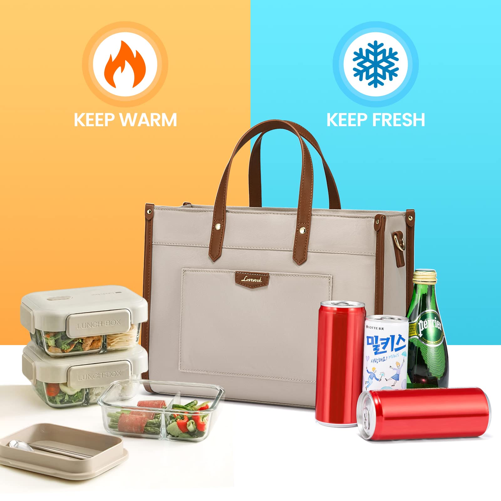 LOVEVOOK Lunch Bag Women Fashion,Lightweight Large Capacity Insulated Lunch Box for Office Work Picnic,Nude-Apricot,M