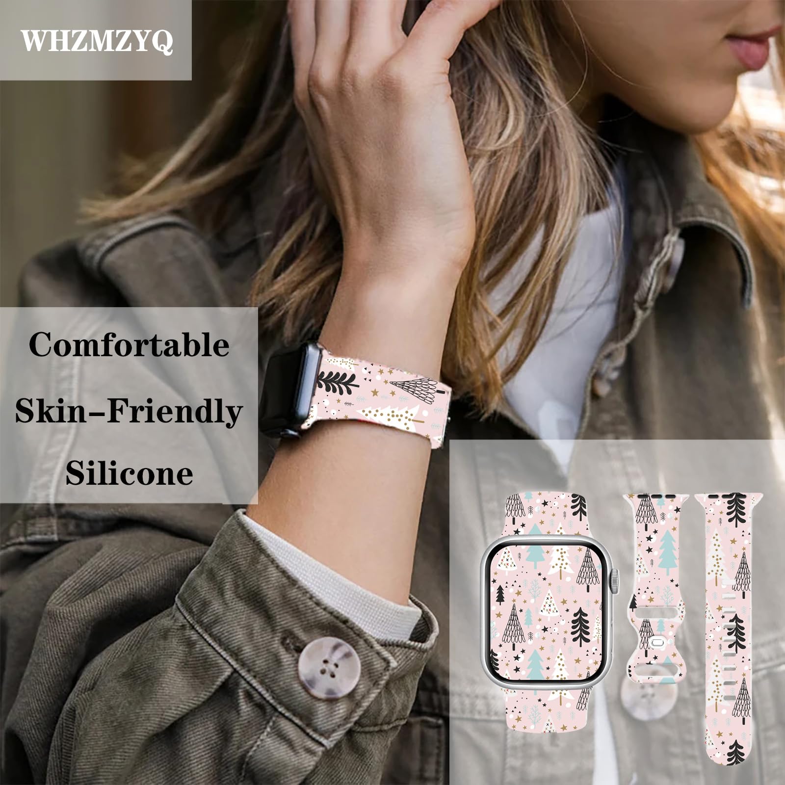Christmas Tree Pink Background Watch Band Compatible with Apple Watch 38mm 40mm 41mm, Xmas Iwatch Bands Wristbands Soft Silicone Strap Adjustable Replacement Accessories for Series 8/7/6/SE Women Men