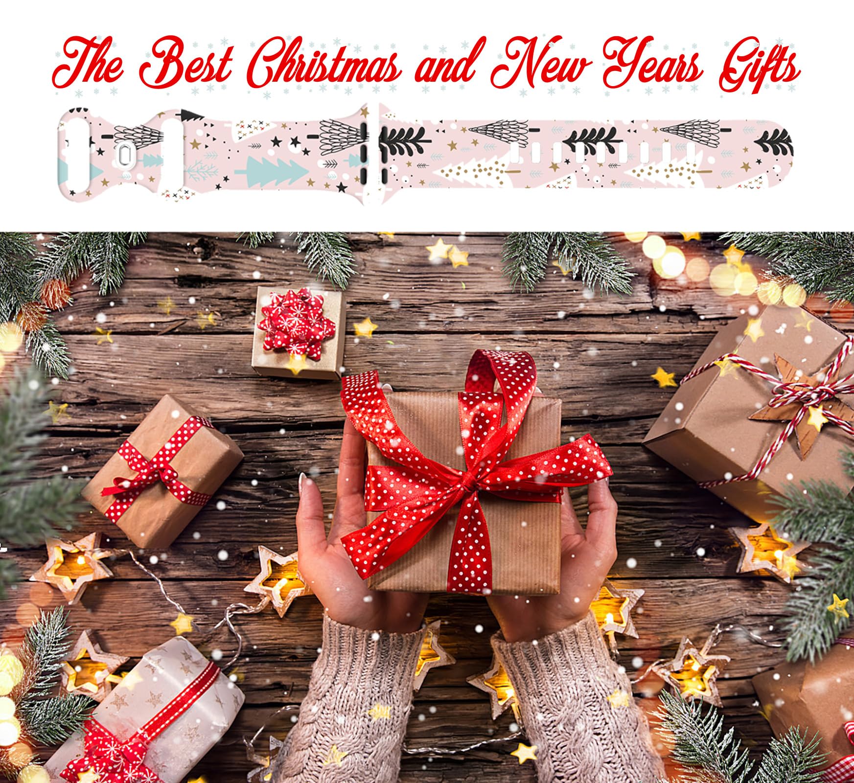 Christmas Tree Pink Background Watch Band Compatible with Apple Watch 38mm 40mm 41mm, Xmas Iwatch Bands Wristbands Soft Silicone Strap Adjustable Replacement Accessories for Series 8/7/6/SE Women Men