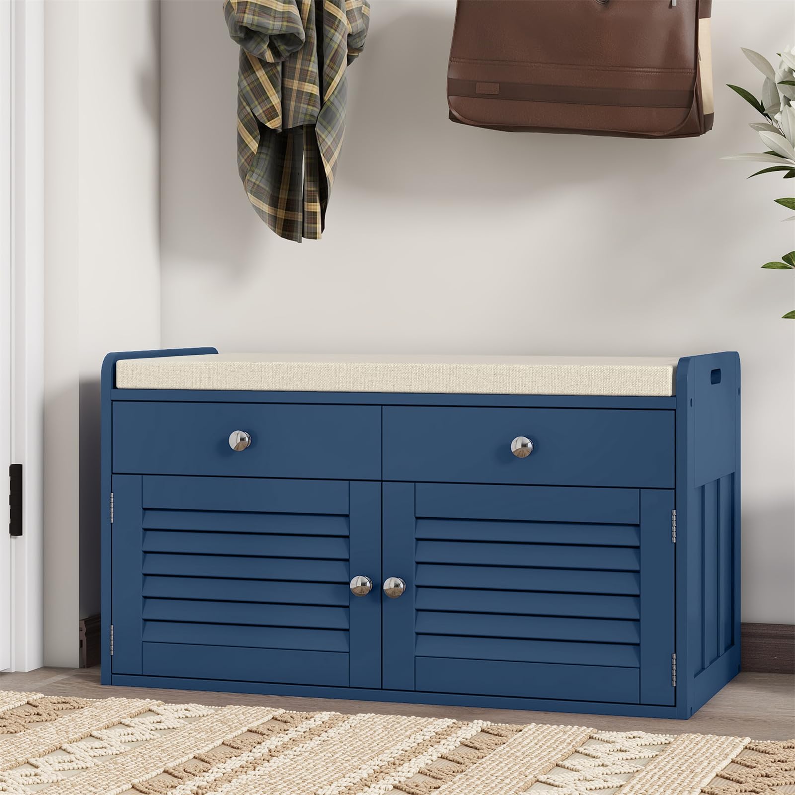 WARMHONIU Shoe Storage Bench with 2 Drawers & 2 Doors, Entryway Bench with Cushion, 2 Adjustable Shelves, Shoe Cabinet with Storage Space for Entryway, Living Room, Hallway, Mudroom, Bedroom, Blue