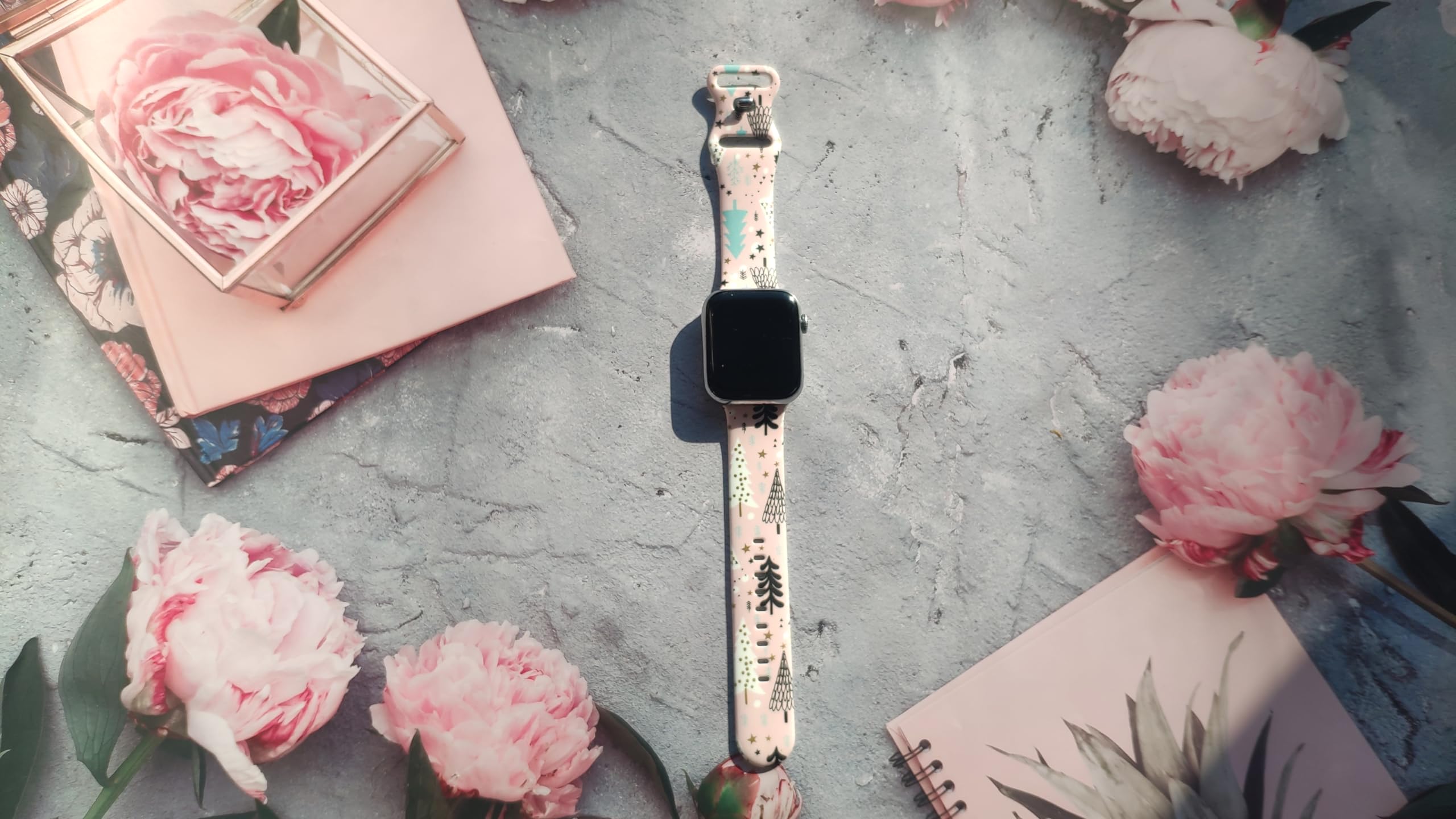 Christmas Tree Pink Background Watch Band Compatible with Apple Watch 38mm 40mm 41mm, Xmas Iwatch Bands Wristbands Soft Silicone Strap Adjustable Replacement Accessories for Series 8/7/6/SE Women Men
