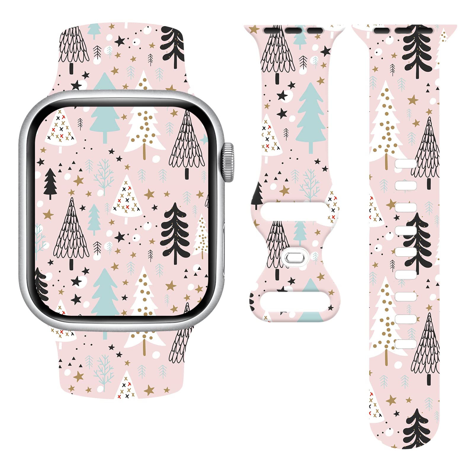 Christmas Tree Pink Background Watch Band Compatible with Apple Watch 38mm 40mm 41mm, Xmas Iwatch Bands Wristbands Soft Silicone Strap Adjustable Replacement Accessories for Series 8/7/6/SE Women Men