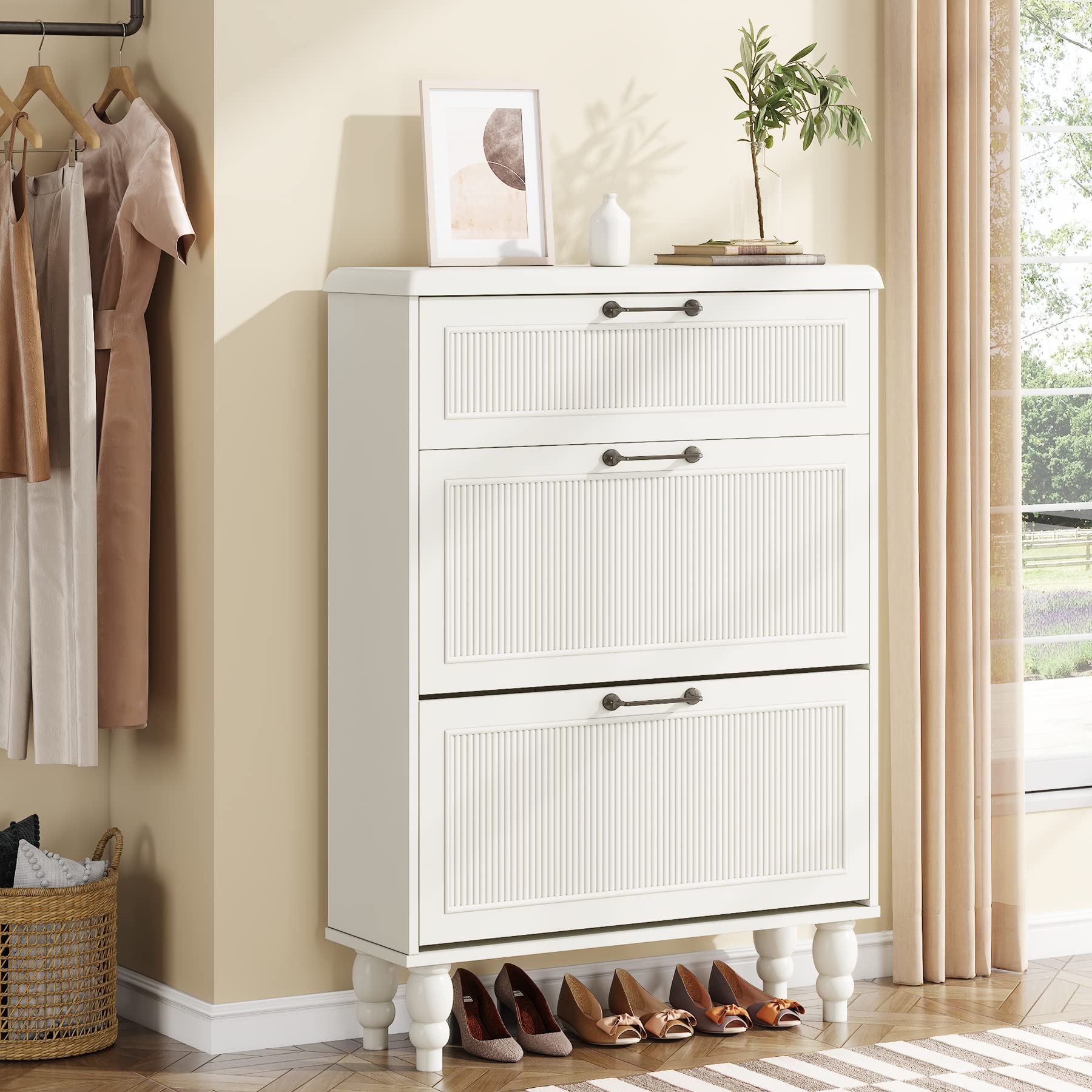 Tribesigns White Shoe Storage Cabinet: Shoe Organizer Cabinet with 2 Flip Drawers, Slim Freestanding Shoe Storage Rack, Wood Shoe Organizer for Entryway, Living Room, Closet