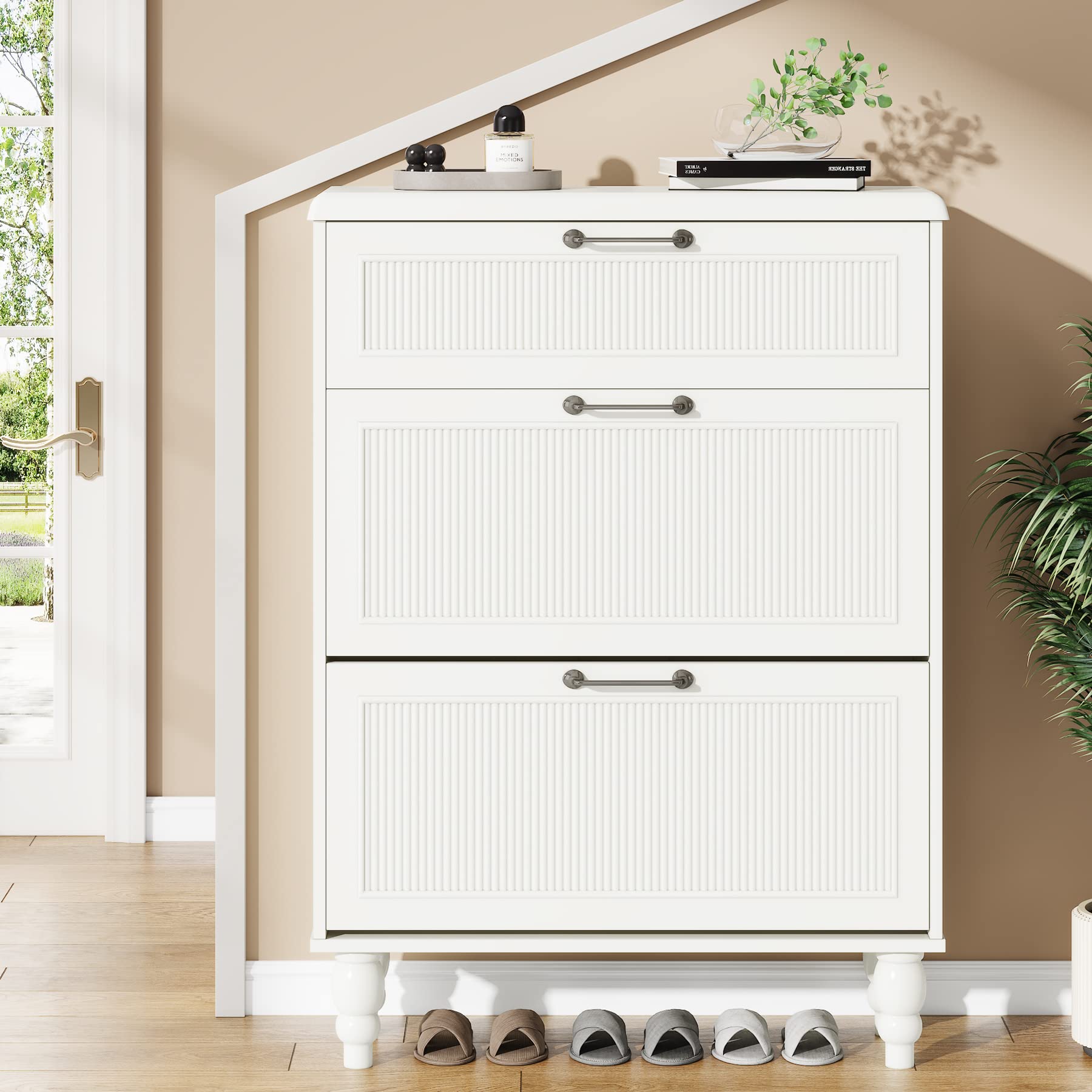 Tribesigns White Shoe Storage Cabinet: Shoe Organizer Cabinet with 2 Flip Drawers, Slim Freestanding Shoe Storage Rack, Wood Shoe Organizer for Entryway, Living Room, Closet