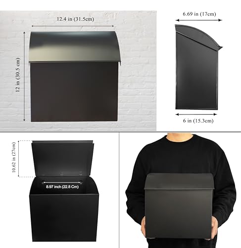 NACH Large Mailbox for House, 12.4”x7.1”x11.8 Black Mailboxes for Outside, Waterproof Mailbox - Baxter-Style Wall Mount Mailboxes for Outside
