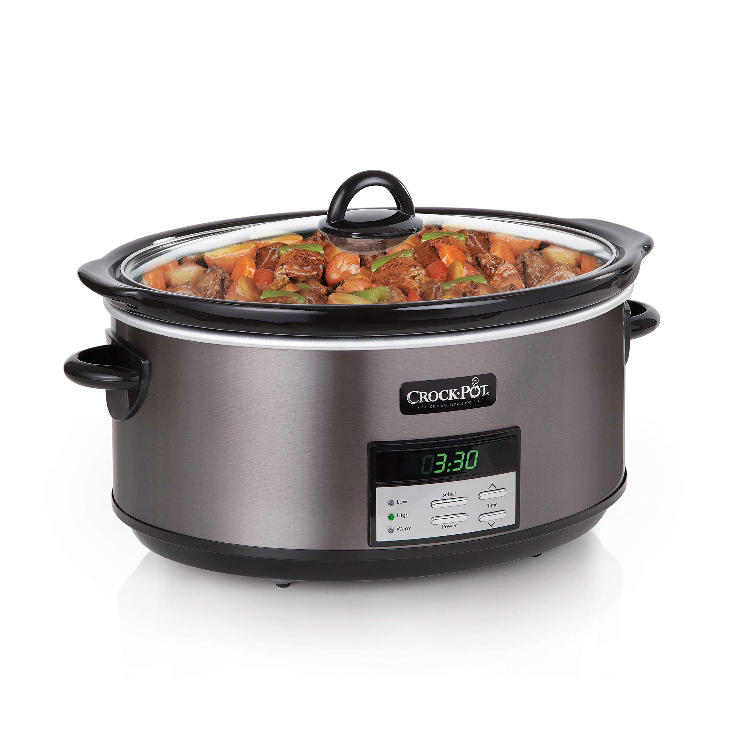 Crock-Pot Large 8 Quart Programmable Slow Cooker with Auto Warm Setting and Cookbook, Black Stainless Steel & Electric Lunch Box, Portable Food Warmer for On-the-Go, 20-Ounce, Black/Blue