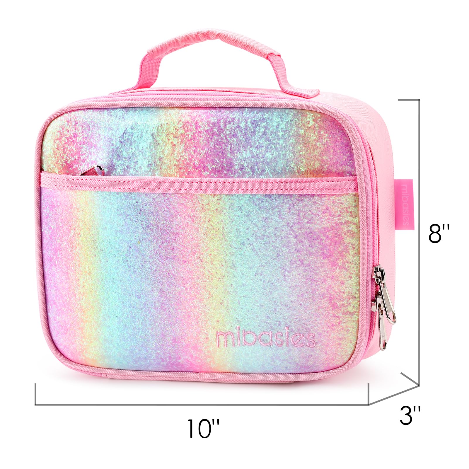 mibasies Kids Lunch Bag for Girls Toddler Sparkle Lunch Box for School Travel, Pink Blue Rainbow