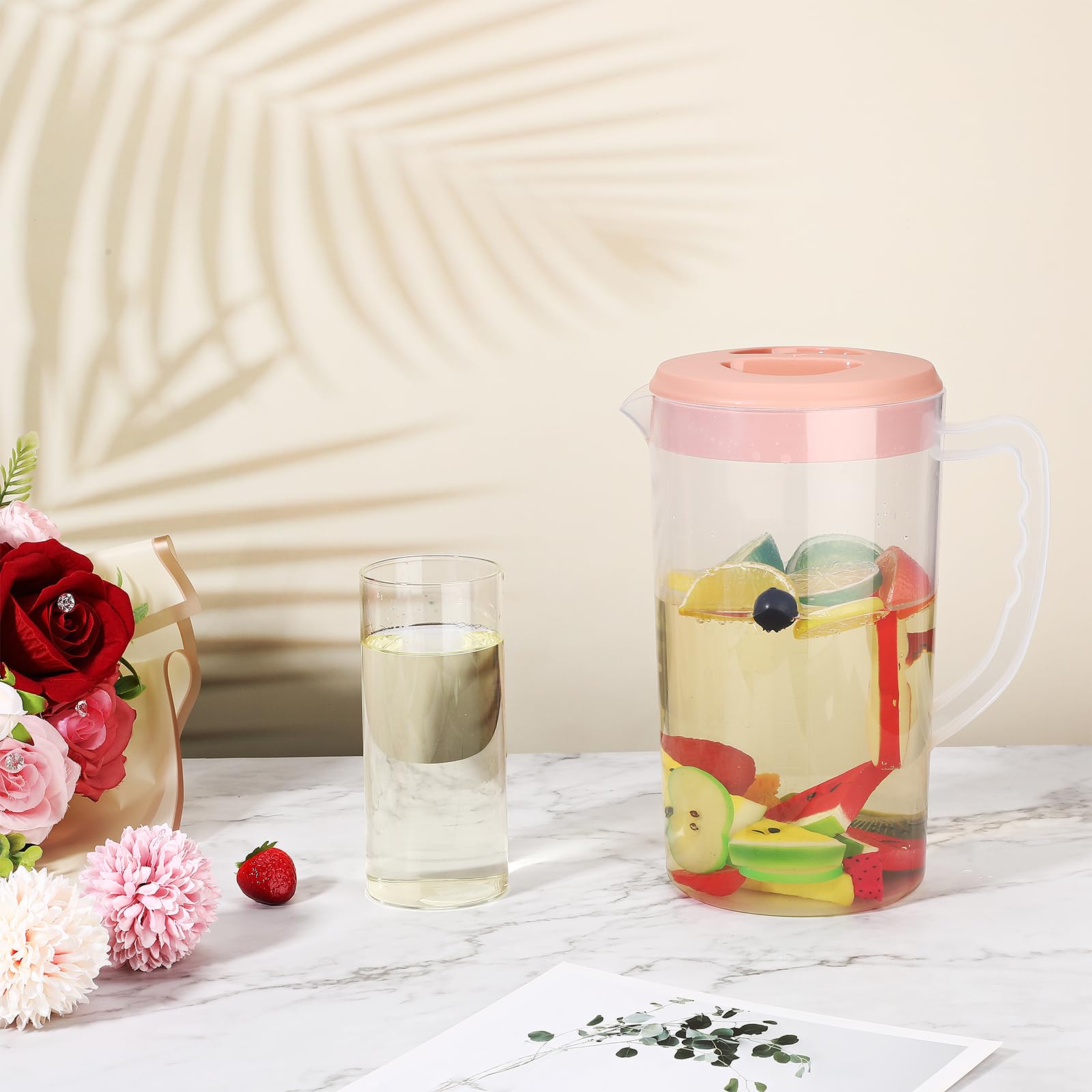 Bokon 2 Pcs 0.69 Gallon/ 88 Oz/ 2.6 l Plastic Pitcher with Lid Clear Water Jug Juice Beverage Jar with Handle Ice Tea Kettle for Hot Cold Mix Drink Lemonade, Pink and Blue Lid