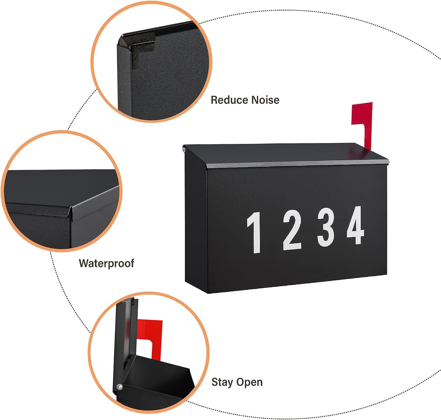 LAND·VOI Wall-Mount Mailbox with One Flag Kit and Three Sets of 0-9 Mailbox Number Stickers, Mailboxes for Outside, Galvanized Steel Rust-Proof Metal Post Box, 4.33" Dx14.2 Wx10.43 H, Black, AMB03B