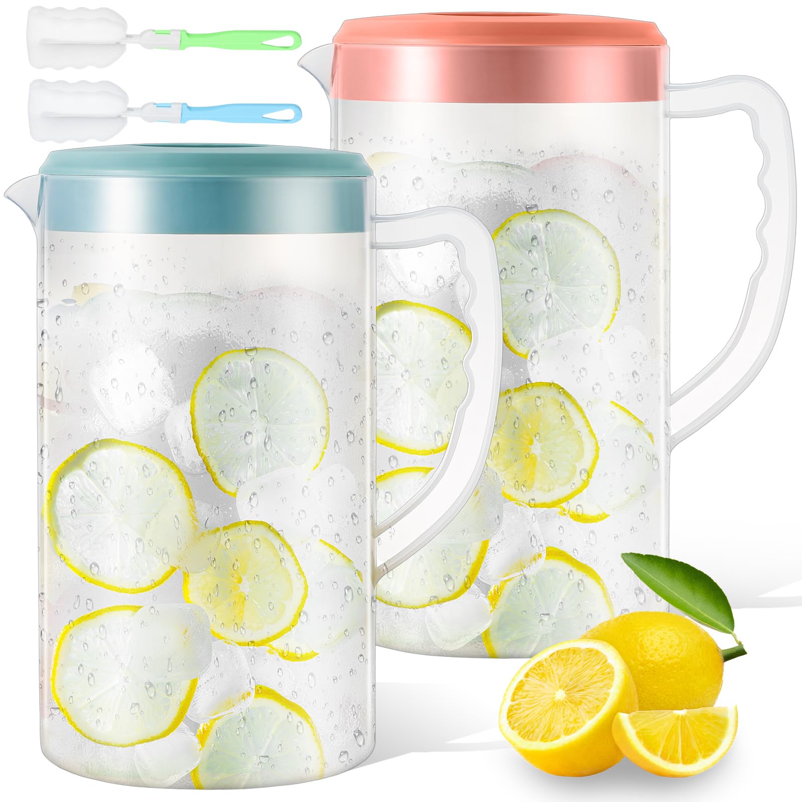 Bokon 2 Pcs 0.69 Gallon/ 88 Oz/ 2.6 l Plastic Pitcher with Lid Clear Water Jug Juice Beverage Jar with Handle Ice Tea Kettle for Hot Cold Mix Drink Lemonade, Pink and Blue Lid