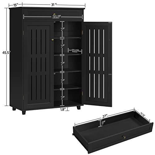 Yaheetech Shoe Cabinet, 5-Tier Shoe Rack Organizer with 1 Drawer, Freestanding Wooden Shoe Storage Cabinet with 2 Louvered Door & Adjustable Shelves for Entryway Hallway, Black