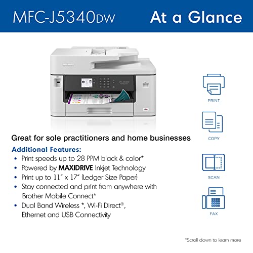 Brother MFC-J5340DW Business Color Inkjet All-in-One Printer with Printing up to 11”x17 (Ledger) Size Capabilities