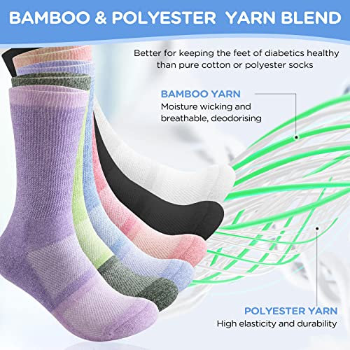 Bulinlulu Diabetic Socks Women&Men-6 Pairs Bamboo Non Binding Diabetic Crew Socks,Extra Wide Socks Stretchy Loose Top Socks with Seamless Toe(Medium,Bright Clashing Colours)