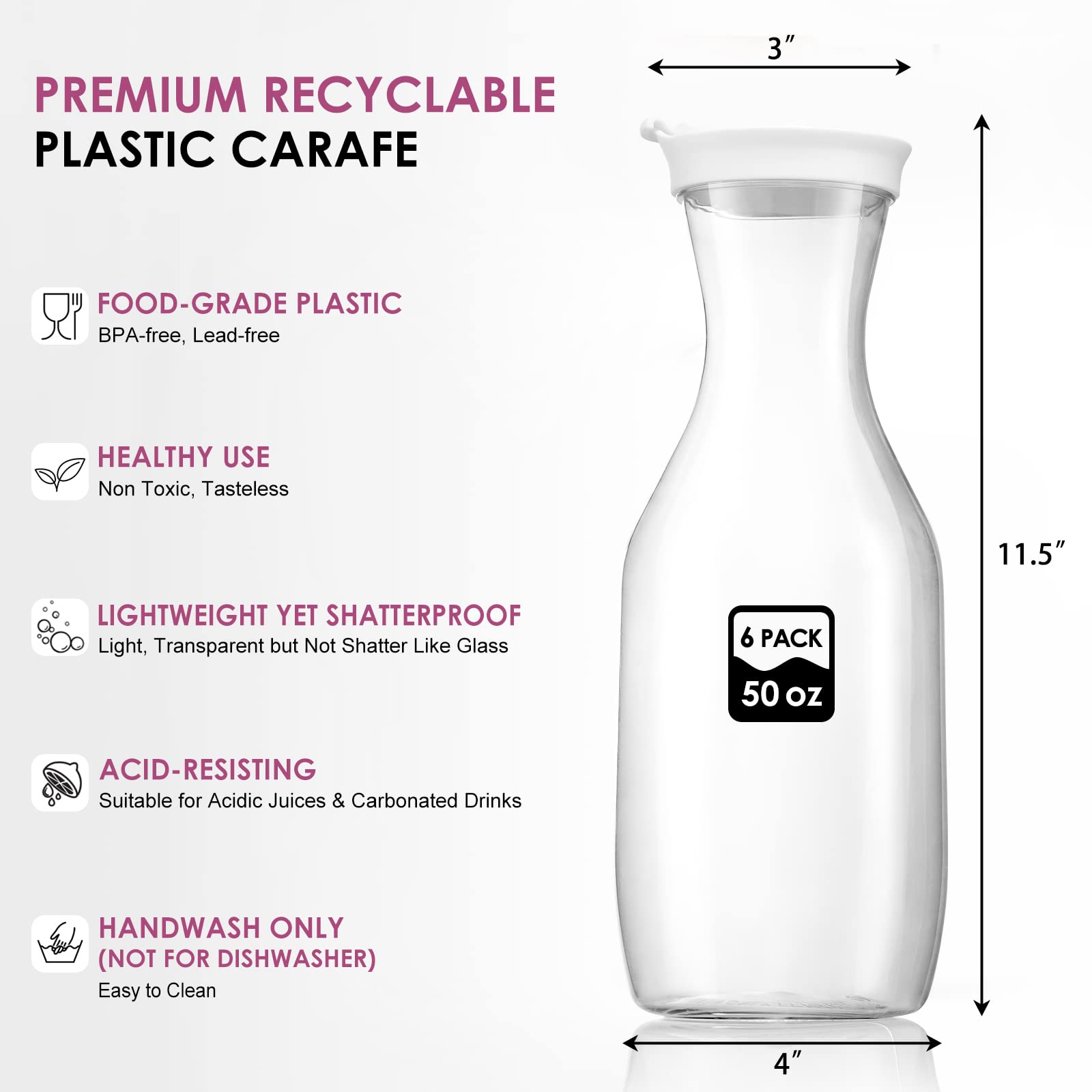 6 Pack Large 50 Oz Water Carafe with White Flip Top Lid, Clear Plastic Juice Jar Containers, Mimosa Bar Beverage Pitcher BPA Free - for Water, Iced Tea, Juice, Lemonade, Milk, Soda —HAND WASH ONLY