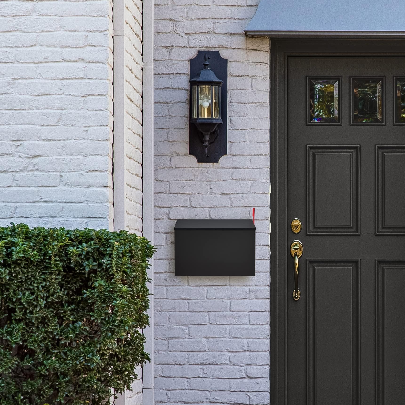 LAND·VOI Wall-Mount Mailbox with One Flag Kit and Three Sets of 0-9 Mailbox Number Stickers, Mailboxes for Outside, Galvanized Steel Rust-Proof Metal Post Box, 4.33" Dx14.2 Wx10.43 H, Black, AMB03B
