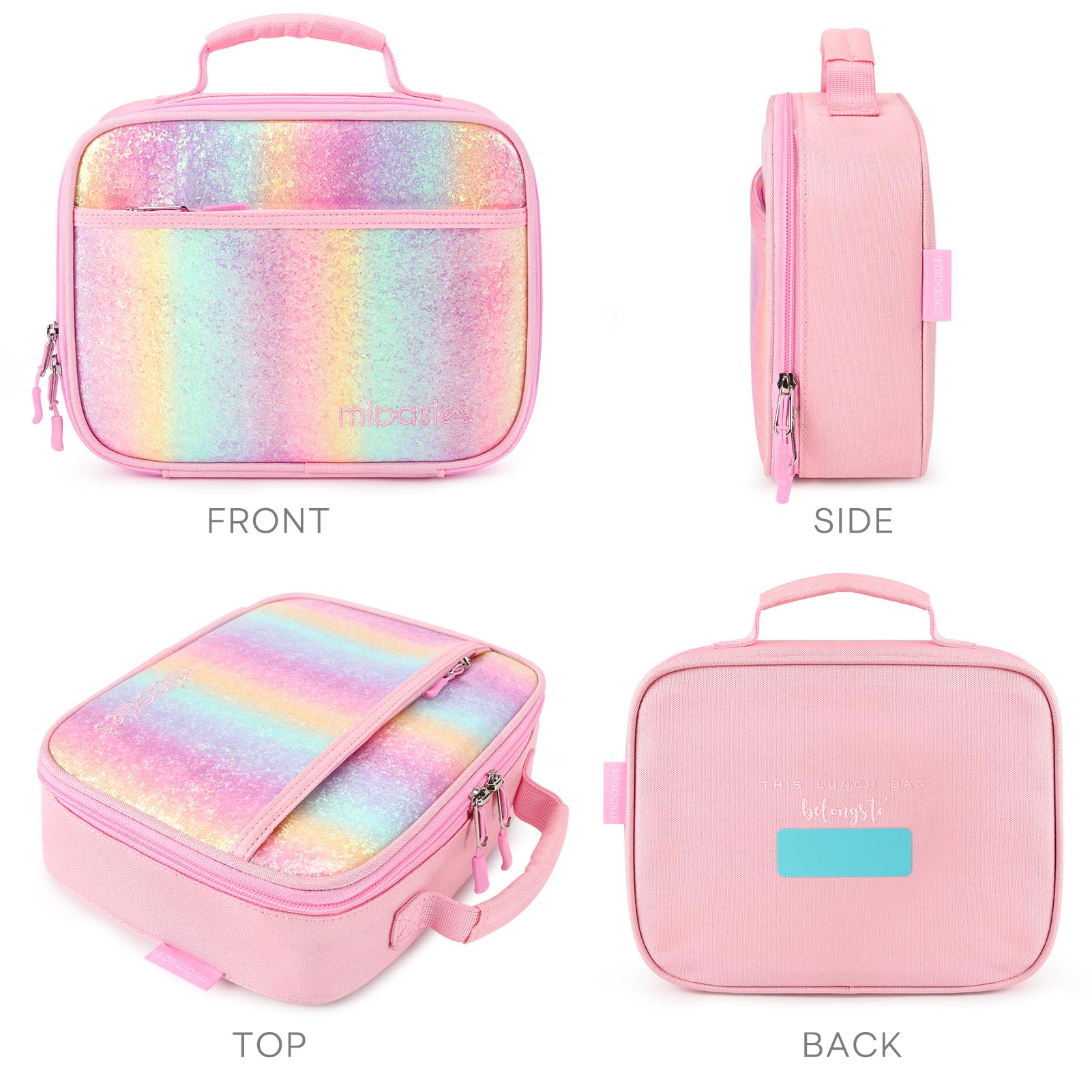 mibasies Kids Lunch Bag for Girls Toddler Sparkle Lunch Box for School Travel, Pink Blue Rainbow