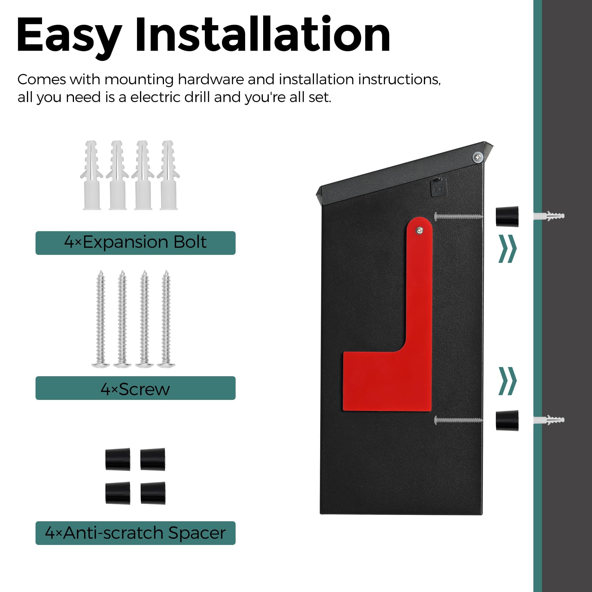 LAND·VOI Wall-Mount Mailbox with One Flag Kit and Three Sets of 0-9 Mailbox Number Stickers, Mailboxes for Outside, Galvanized Steel Rust-Proof Metal Post Box, 4.33" Dx14.2 Wx10.43 H, Black, AMB03B