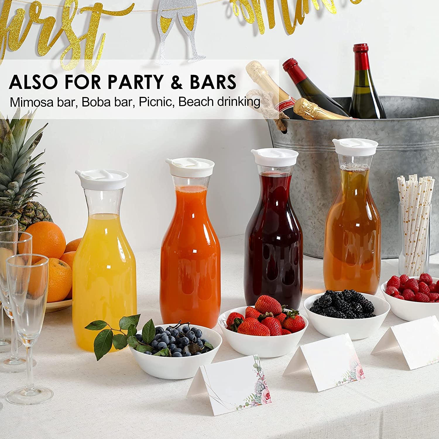 6 Pack Large 50 Oz Water Carafe with White Flip Top Lid, Clear Plastic Juice Jar Containers, Mimosa Bar Beverage Pitcher BPA Free - for Water, Iced Tea, Juice, Lemonade, Milk, Soda —HAND WASH ONLY