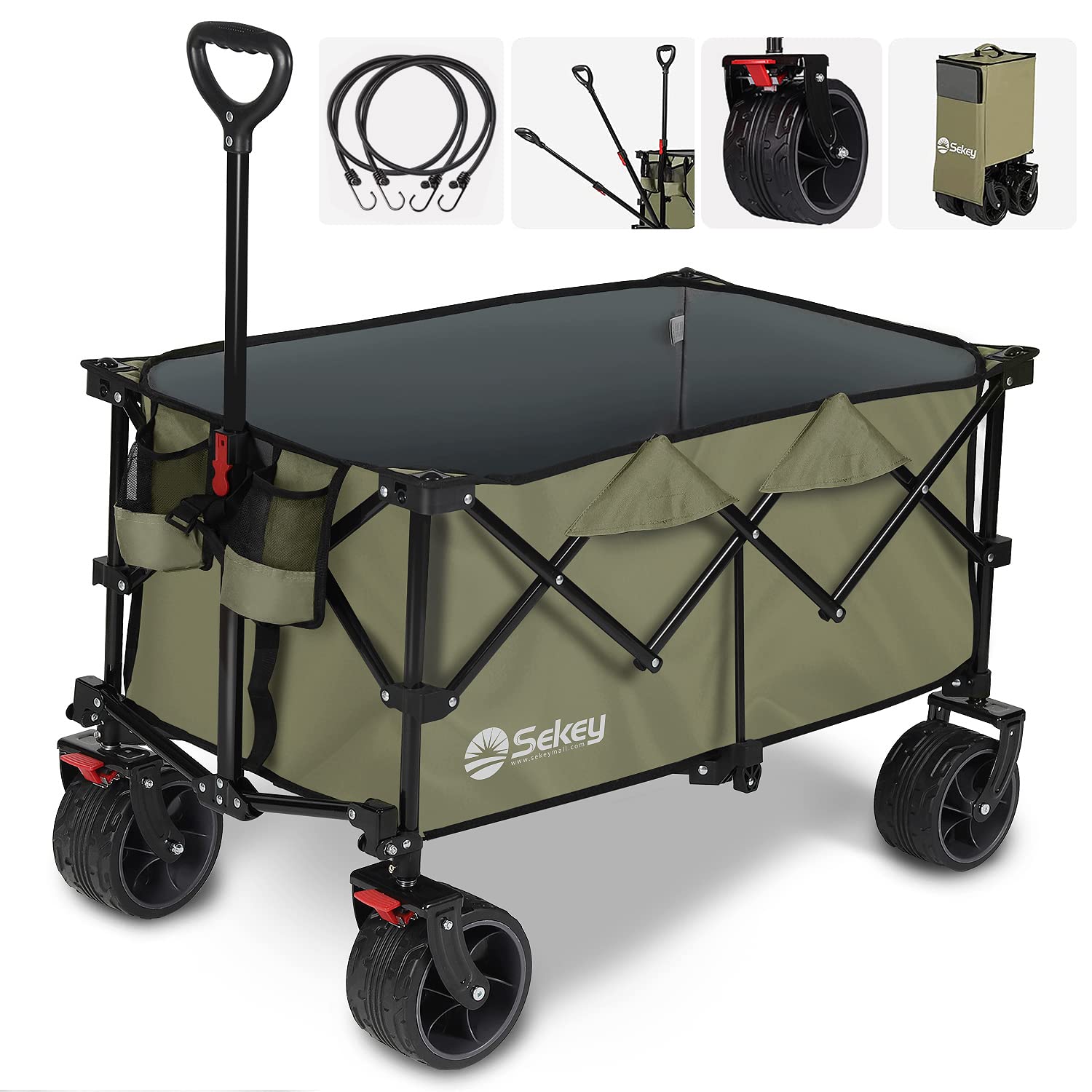 Sekey 220L Collapsible Foldable Wagon with 330lbs Weight Capacity, Heavy Duty Folding Utility Garden Cart with Big All-Terrain Beach Wheels & Drink Holders. Khaki