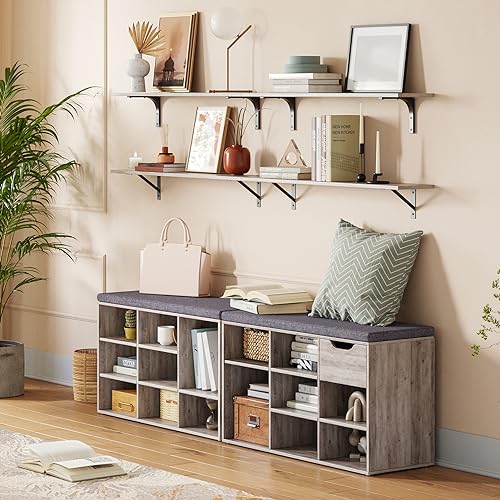 DINZI LVJ Shoe Bench,Entryway Storage Bench with Drawer and 8 Cubbies,Cubby Rack Adjustable Shelves,Shoe Organizer Cabinet for Living Room,Bedroom,Mudroom,Closet Garage,Greige (M04XD01XY01-1)