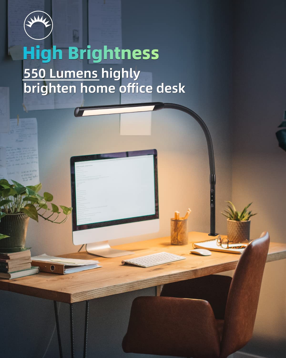LED Desk Lamp with Clamp, 12W Gooseneck Task Light with 24V Adapter, 5 Brightness Levels & 5 CCT Adjustable Clip Table Lamp, Timer & Memory Functions, Eye-Caring Clamp-on Desk Lamps for Home Office