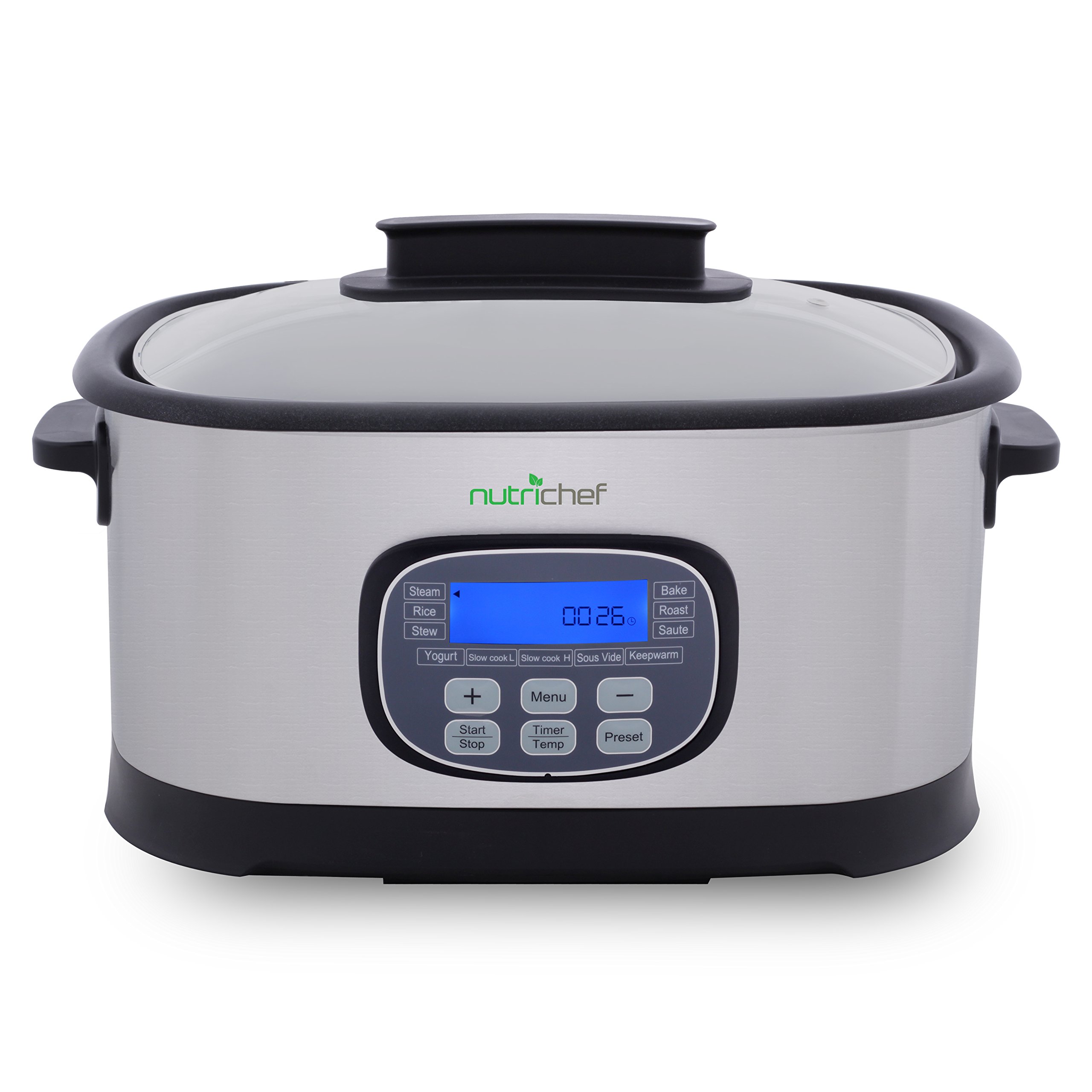 NutriChef Slow Cooker Electric Steamer - Sous Vide Cooking Mode, Stainless Steel High Pressure Multi-Cooker Crock Pot with Digital LCD Display, 11 Preset Cooking Modes, 6.5 Quart Capacity AZPKPC45