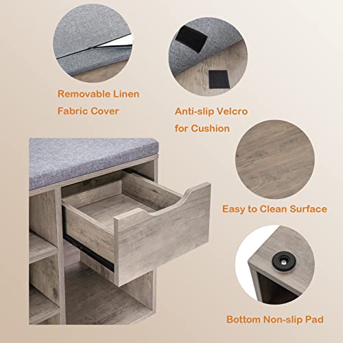 DINZI LVJ Shoe Bench,Entryway Storage Bench with Drawer and 8 Cubbies,Cubby Rack Adjustable Shelves,Shoe Organizer Cabinet for Living Room,Bedroom,Mudroom,Closet Garage,Greige (M04XD01XY01-1)