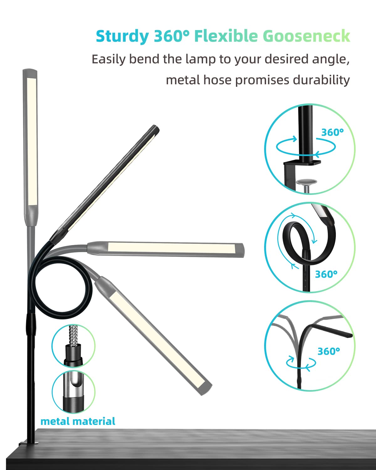 LED Desk Lamp with Clamp, 12W Gooseneck Task Light with 24V Adapter, 5 Brightness Levels & 5 CCT Adjustable Clip Table Lamp, Timer & Memory Functions, Eye-Caring Clamp-on Desk Lamps for Home Office