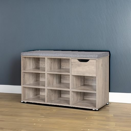 DINZI LVJ Shoe Bench,Entryway Storage Bench with Drawer and 8 Cubbies,Cubby Rack Adjustable Shelves,Shoe Organizer Cabinet for Living Room,Bedroom,Mudroom,Closet Garage,Greige (M04XD01XY01-1)