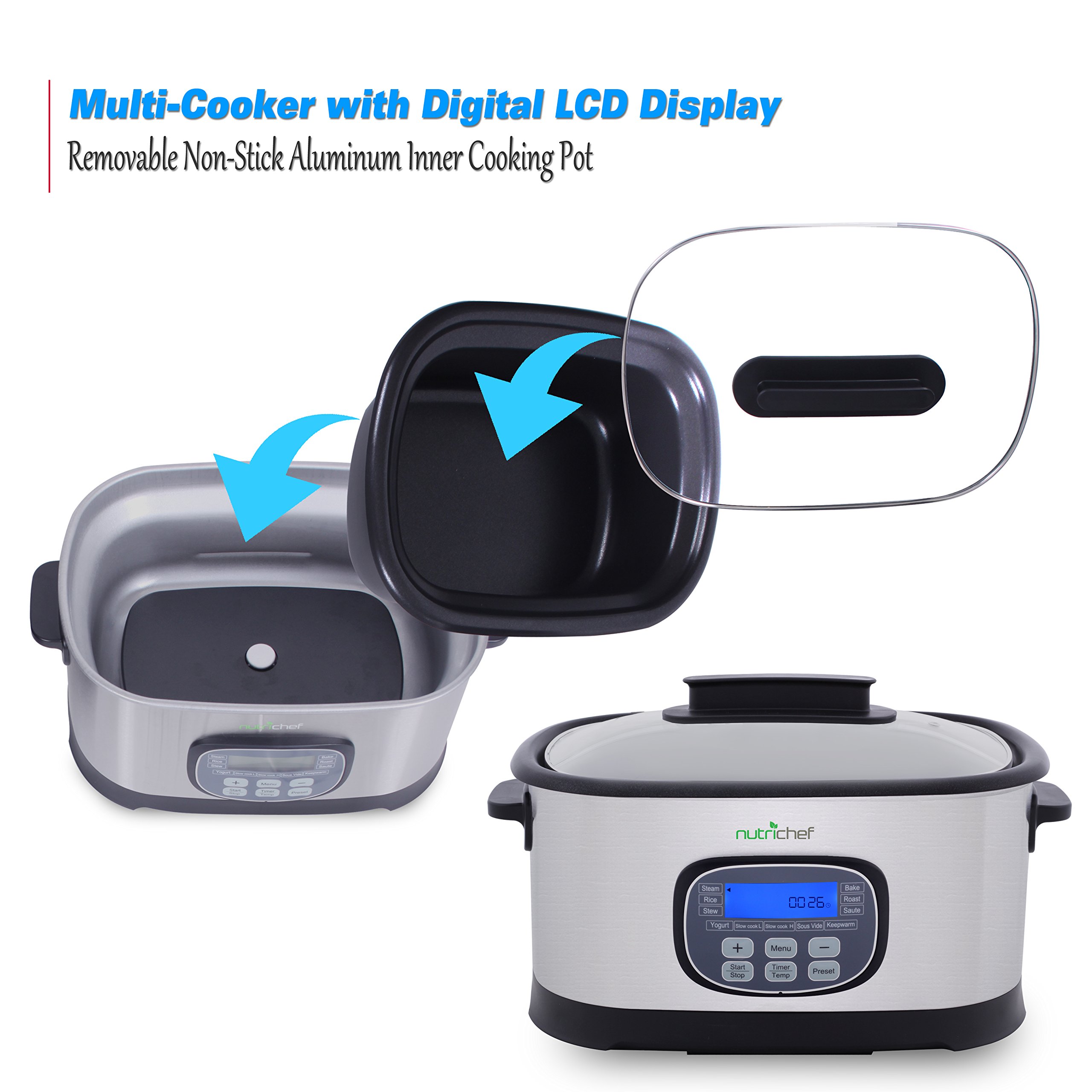NutriChef Slow Cooker Electric Steamer - Sous Vide Cooking Mode, Stainless Steel High Pressure Multi-Cooker Crock Pot with Digital LCD Display, 11 Preset Cooking Modes, 6.5 Quart Capacity AZPKPC45