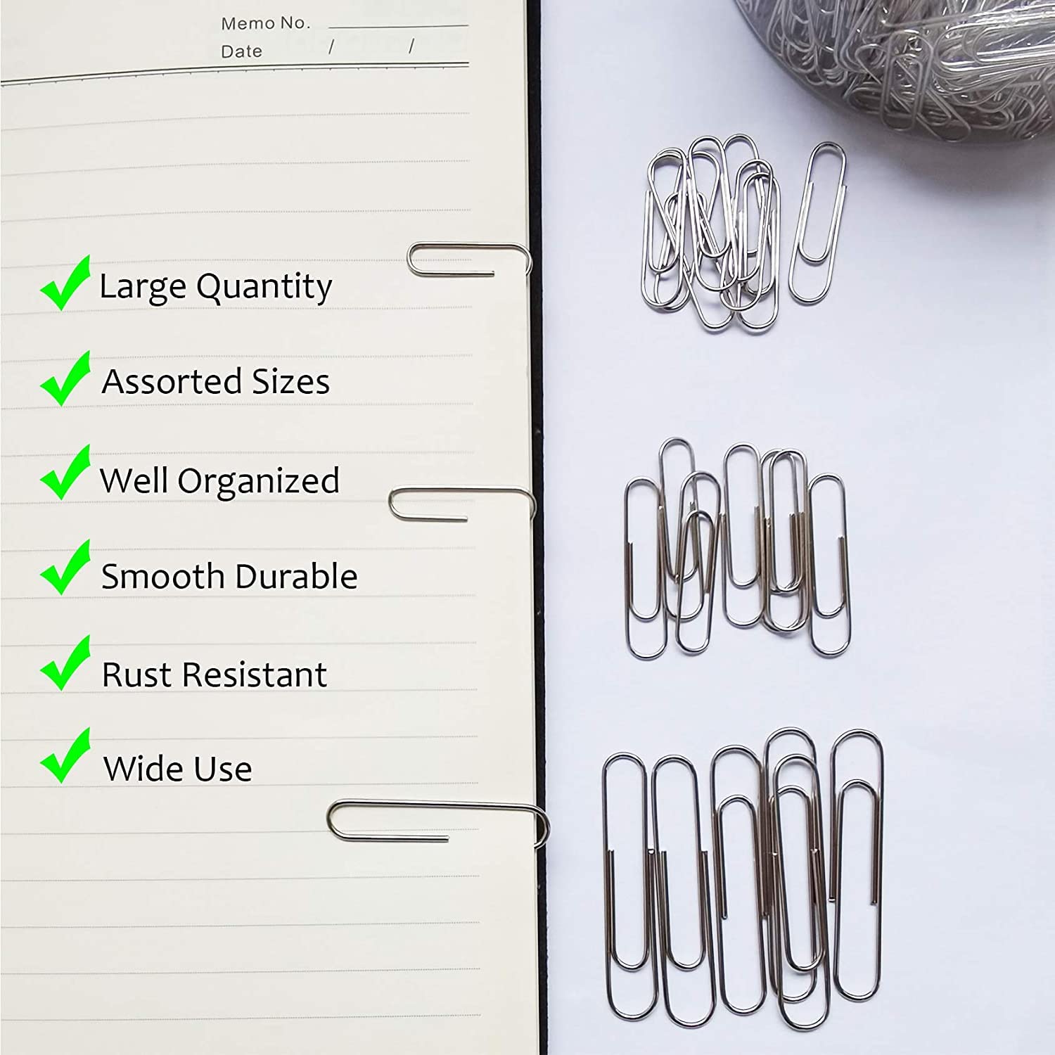 Paper Clips Assorted Sizes, Viemior 700pcs Paper Clips Paperclips for Paperwork - Large Paper Clips, Medium and Small Paper Clips (50 mm, 33mm & 28 mm) - Silver