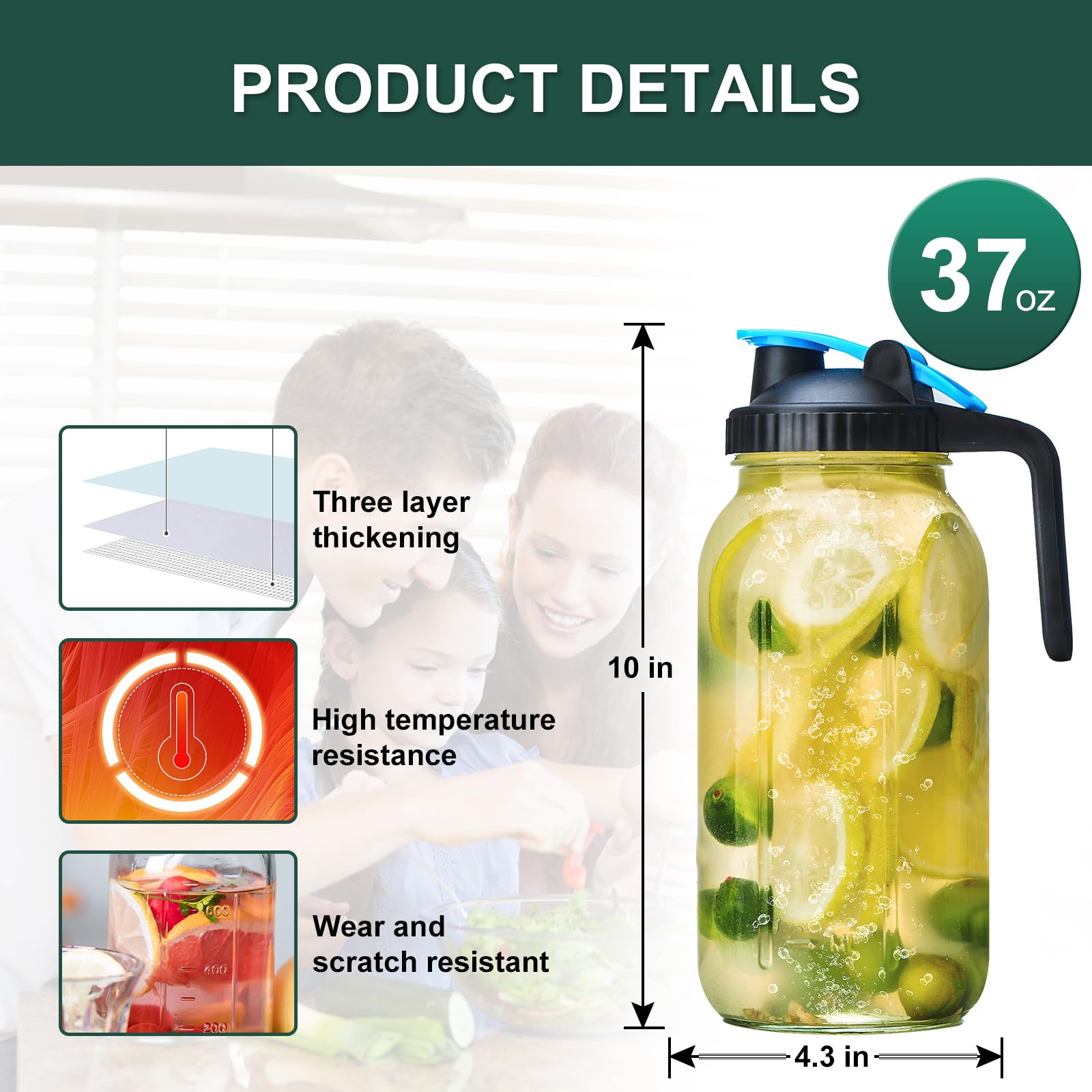 64oz Glass Pitcher with Lid,Leak Proof,Glass Water Jugs, BPA-Free,Microwave & Dishwasher Safe Pitcher,Sun & Iced Tea, Sangria,Cold Brew Coffee & More