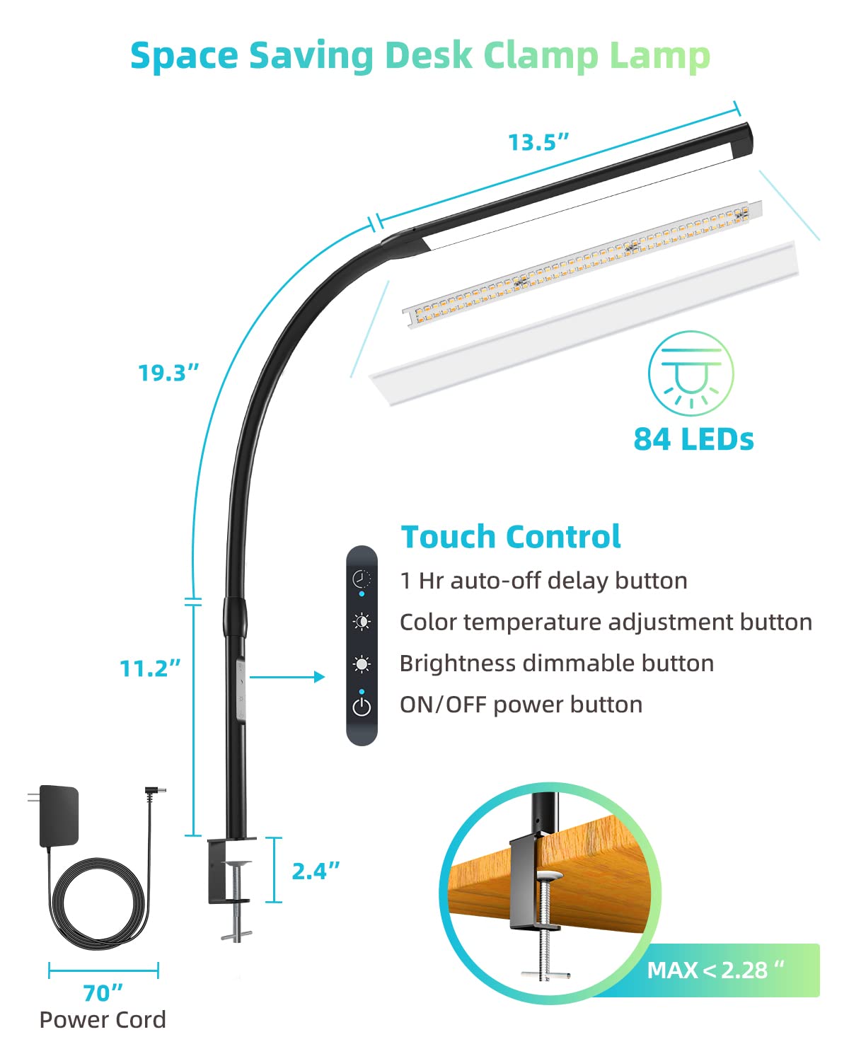 LED Desk Lamp with Clamp, 12W Gooseneck Task Light with 24V Adapter, 5 Brightness Levels & 5 CCT Adjustable Clip Table Lamp, Timer & Memory Functions, Eye-Caring Clamp-on Desk Lamps for Home Office